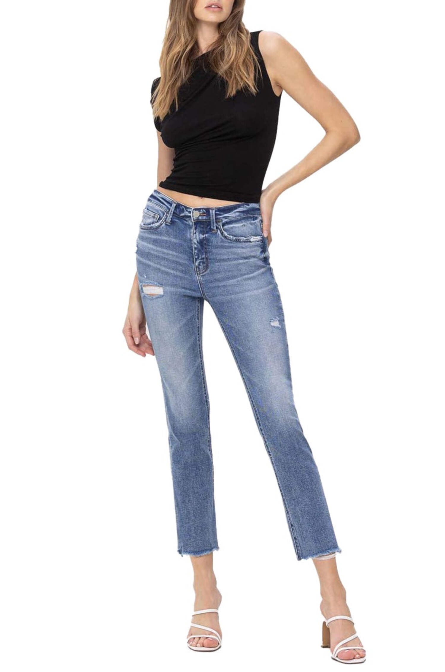Flying Monkey - High Rise Slim Straight Jeans with Distressed Raw Hem ...