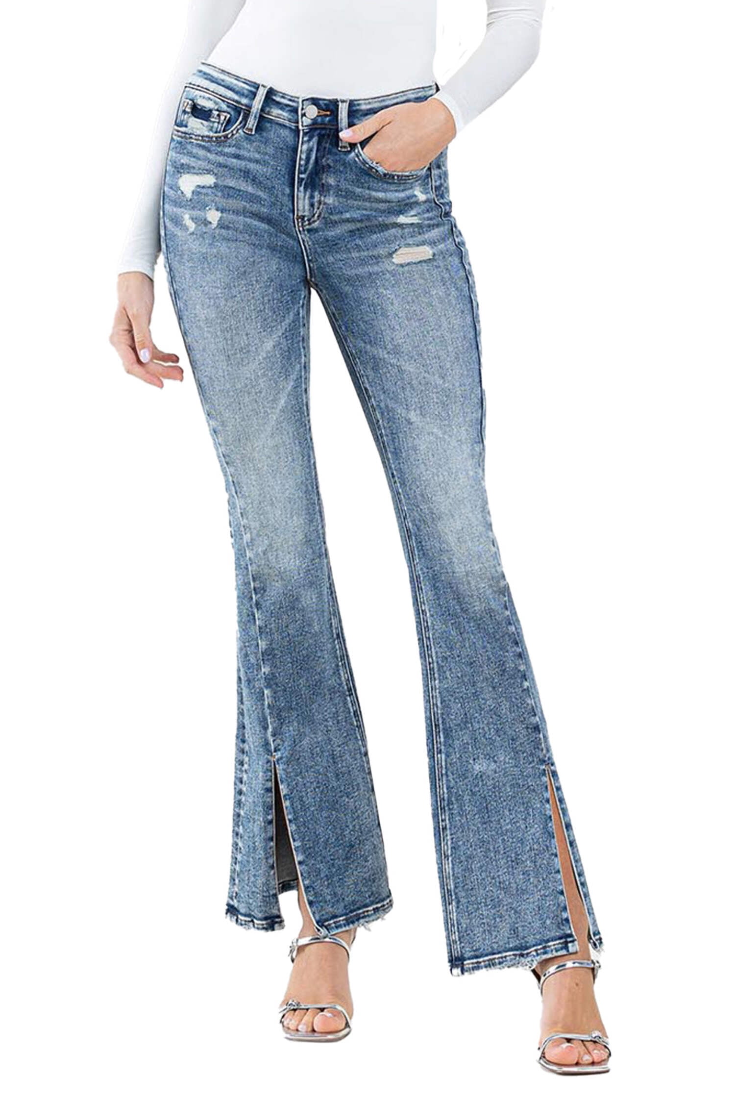 Flying Monkey - High Rise Split Hem Distressed Flare Jeans - F5171 ...