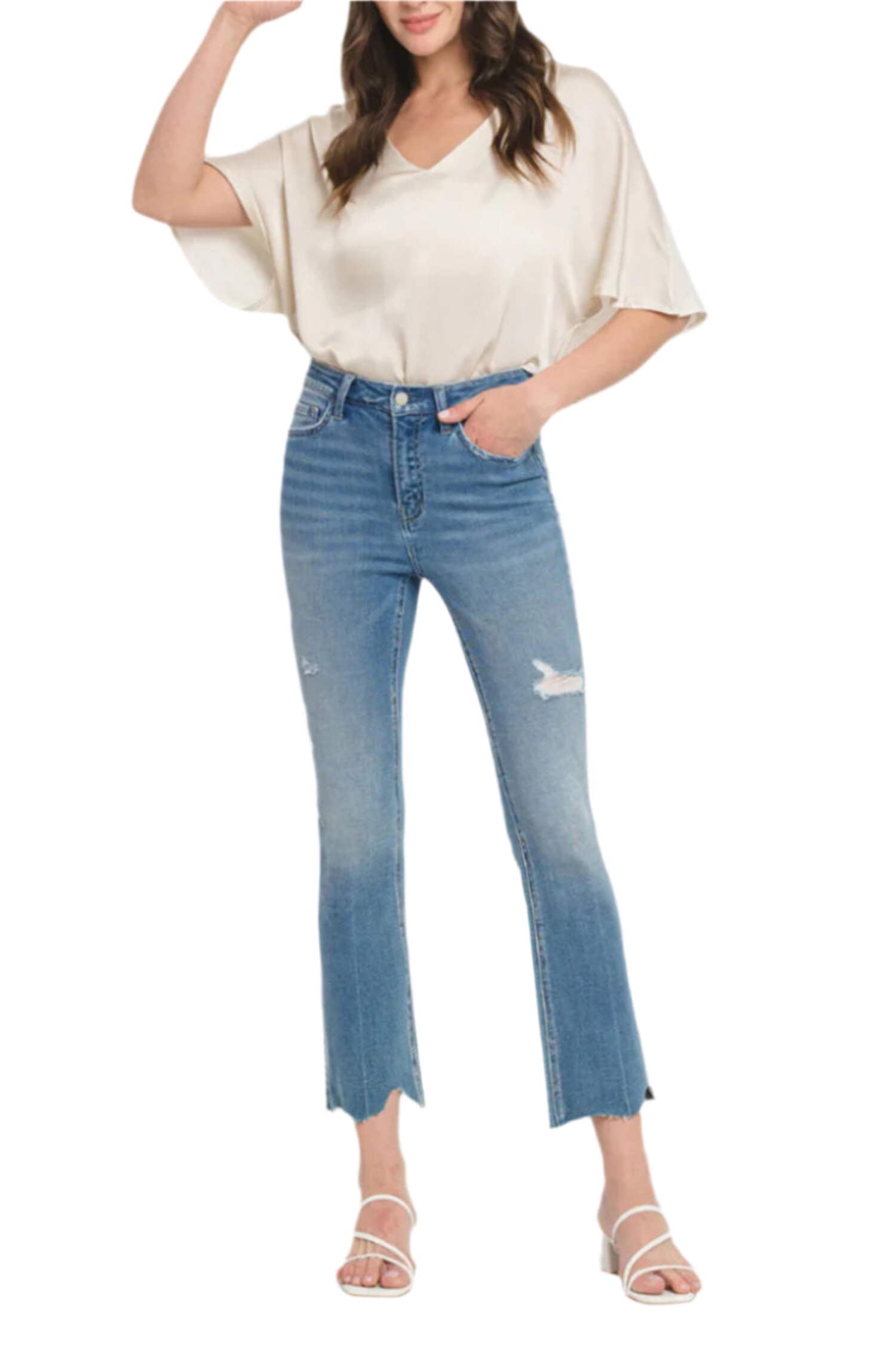 Flying Monkey - High Rise Kick Flare Jeans with Uneven Distressed Hem ...