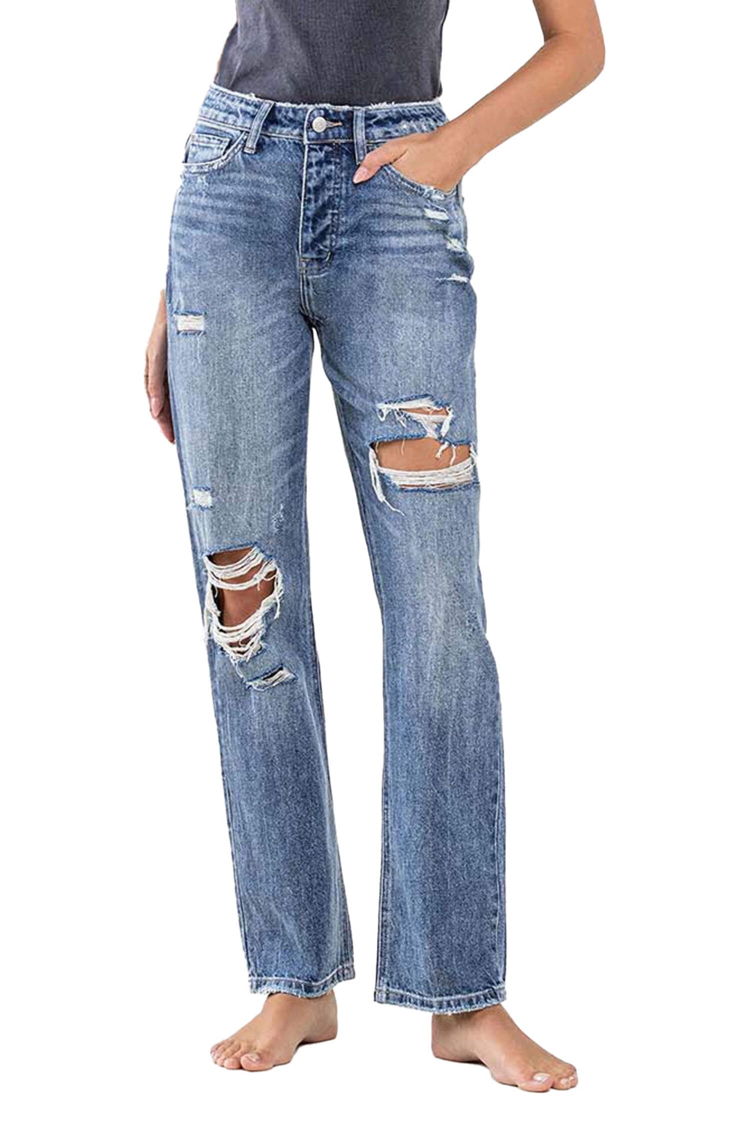 Flying Monkey - Super High Rise Button Up Distressed Straight Jean ...