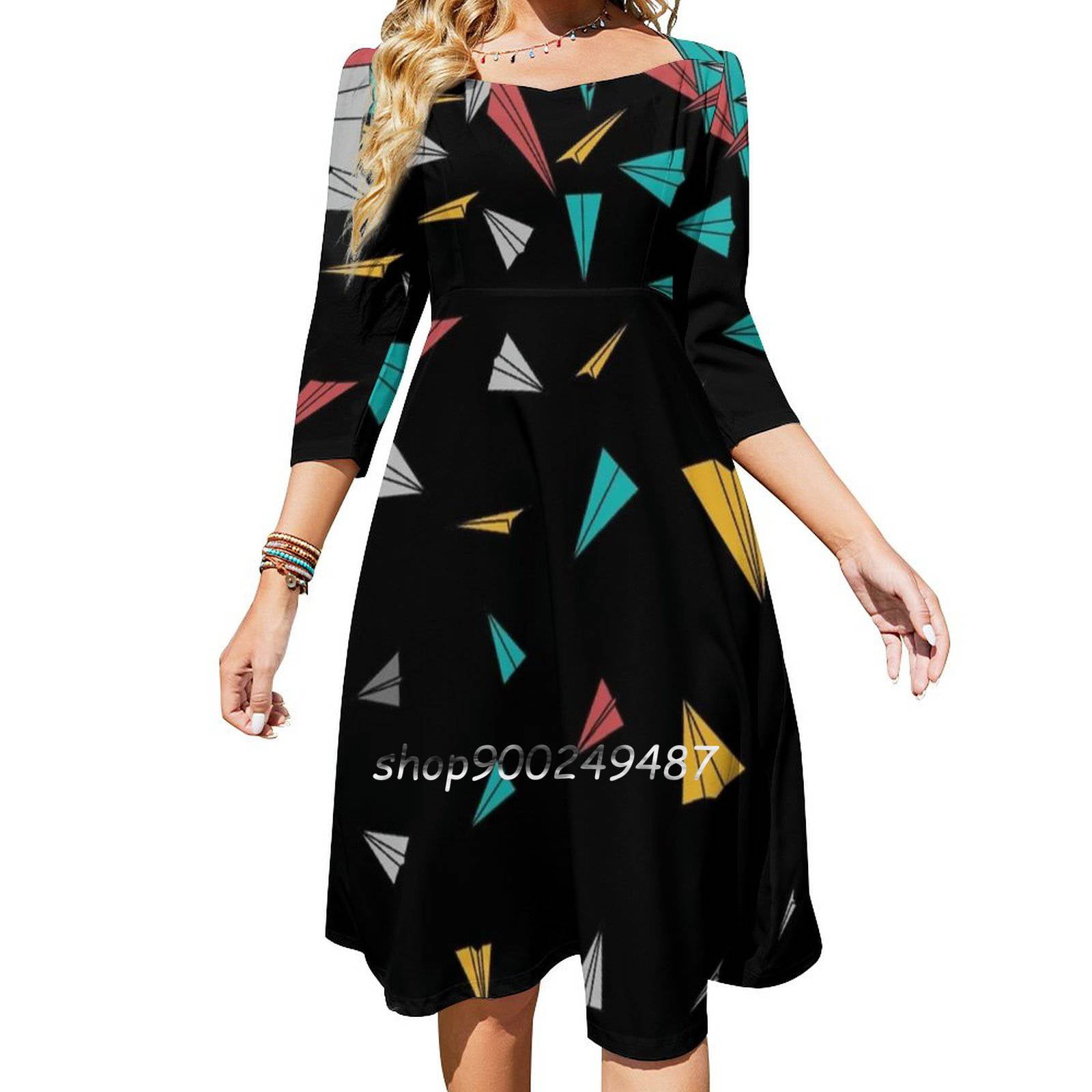 Flying Paper Planes Square Neck Dress Sweet Summer Dress Women Elegant ...