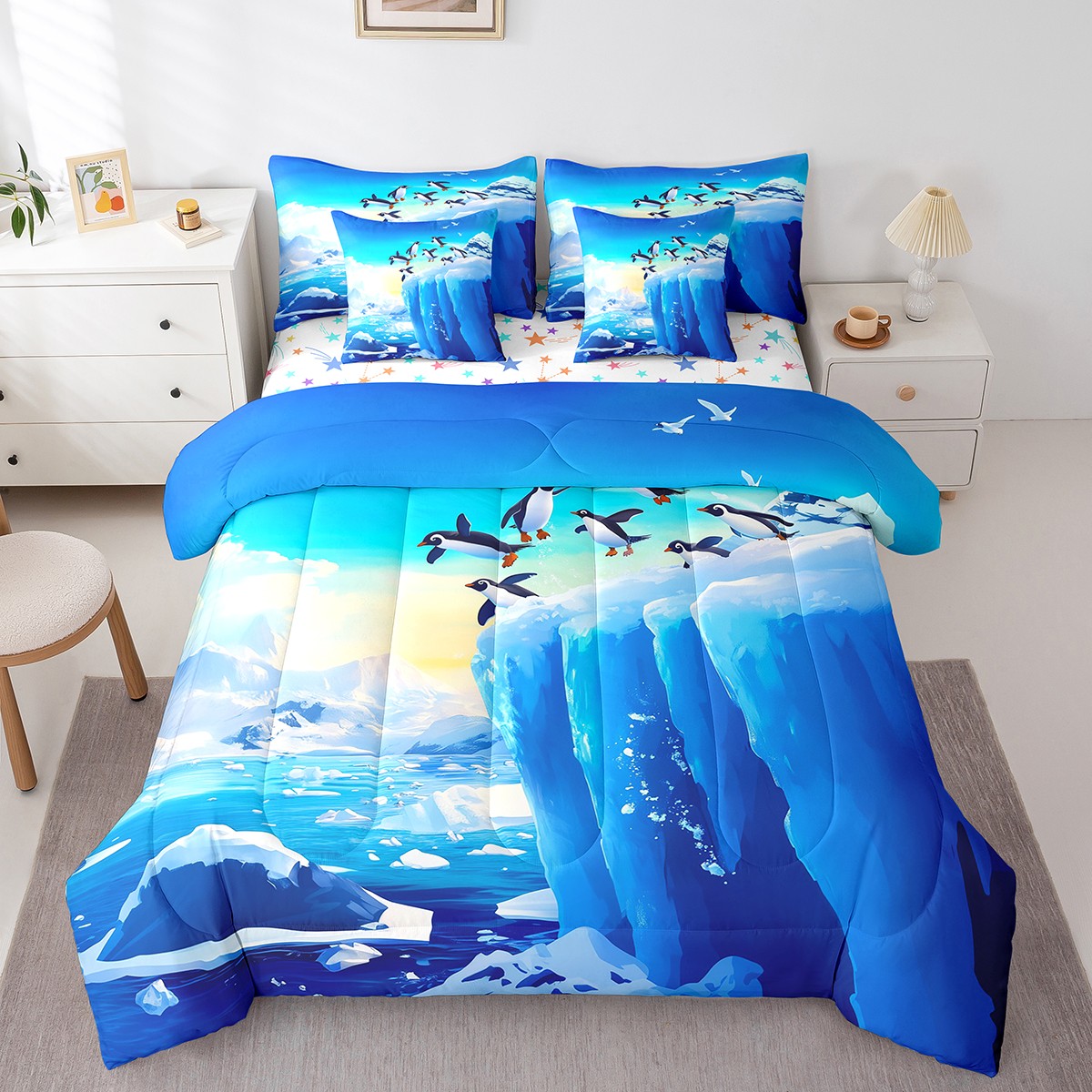 Flying Penguin Bedding Set 7 Pieces Blue Birds Penguin Themed Full ...