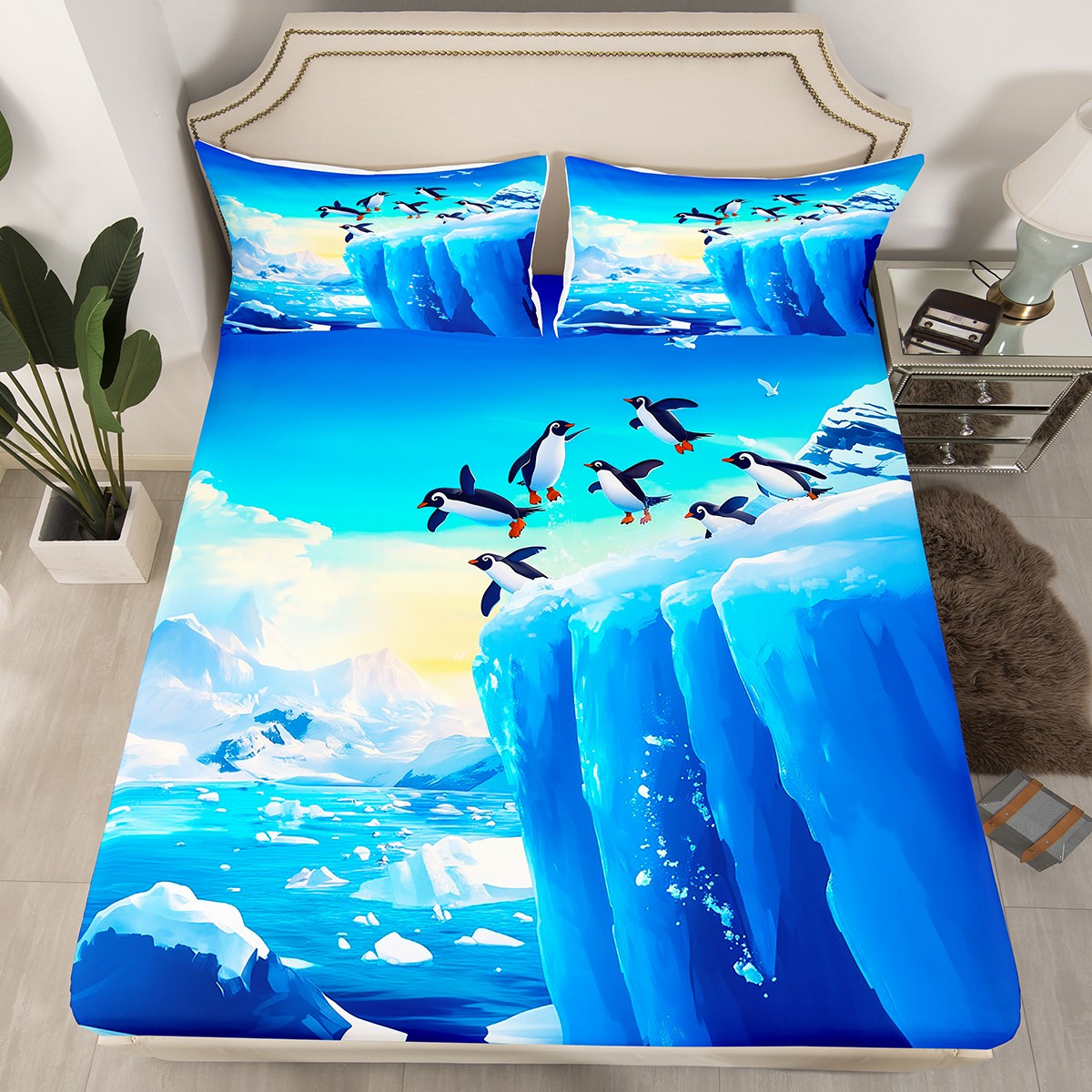 Flying Penguin Fitted Sheet Blue Birds Penguin Themed Twin Bed Sheets ...