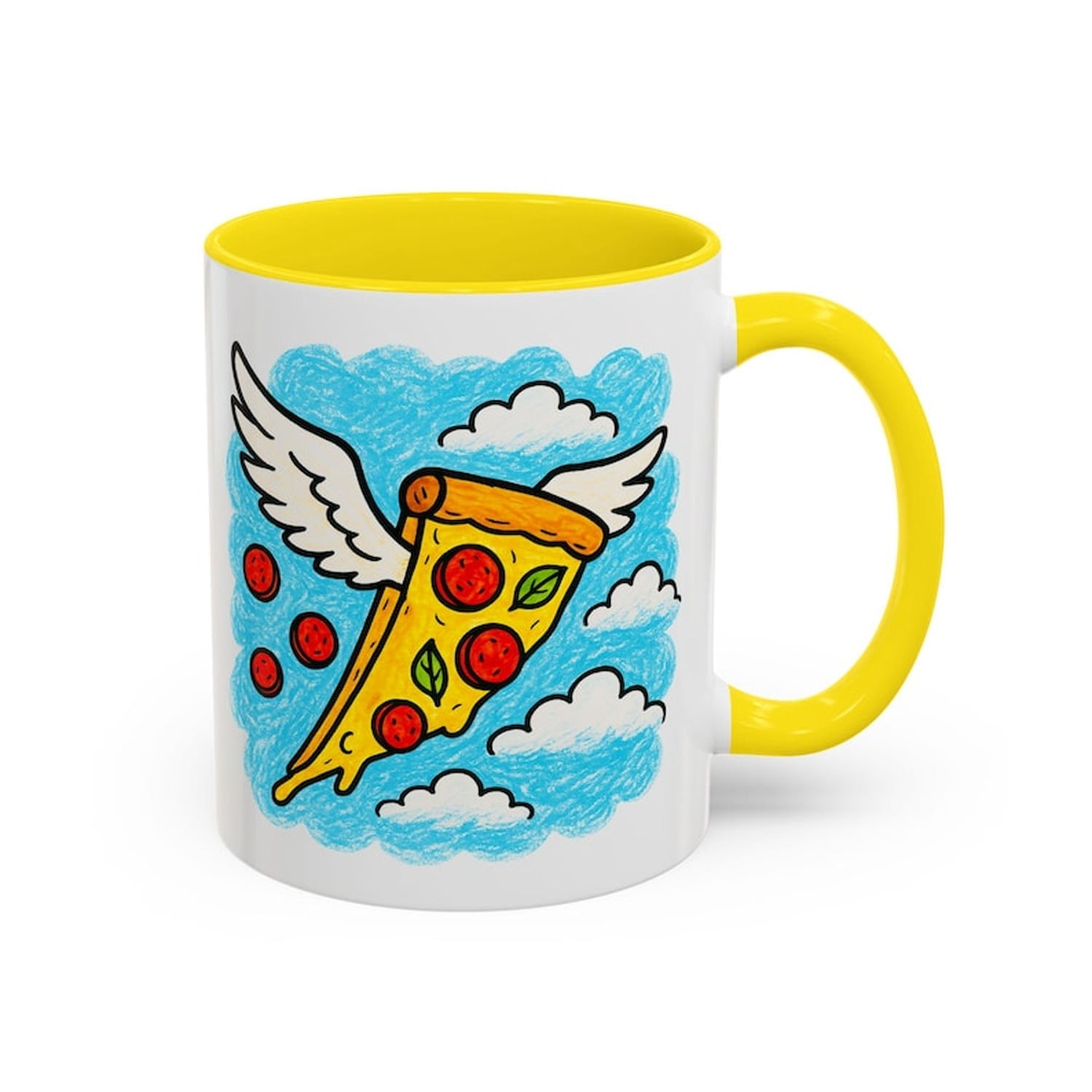 Flying Pizza ice Mug, Fun H1and Drawn Pepperoni Pizza with Wings ...