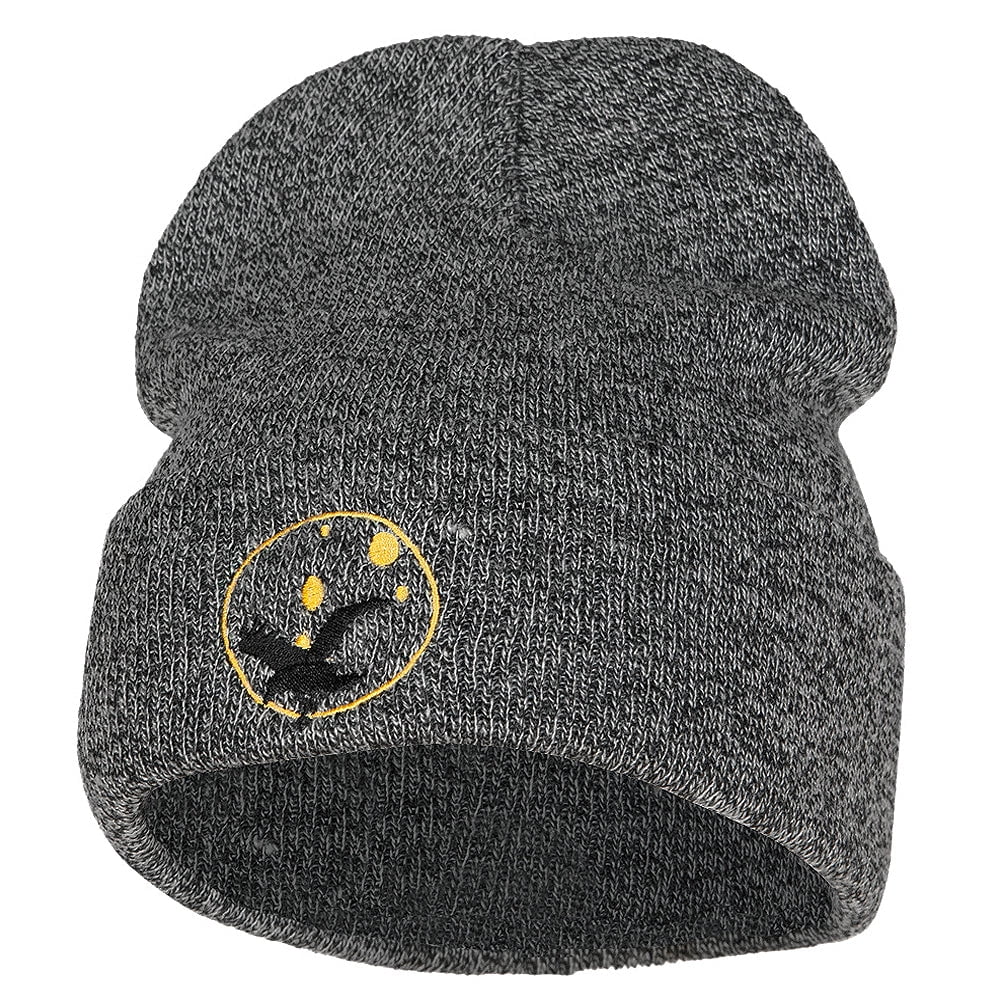 Flying Raven Embroidered 12 Inch Long Knitted Beanie - Black Marled ...