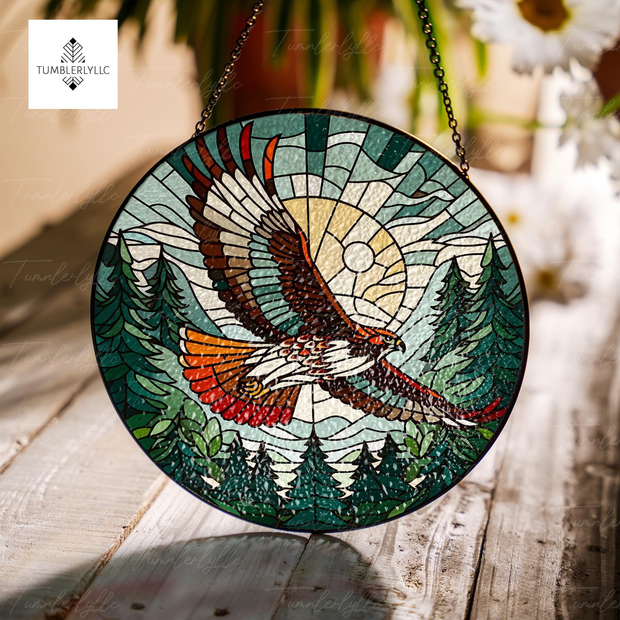 Flying Red-Tailed Hawk Glass Suncatcher, Nature Landscape Decor for ...