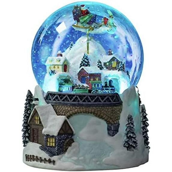 Flying Santa On The Sleigh Snow Globe with Revolving Train Crossing A ...