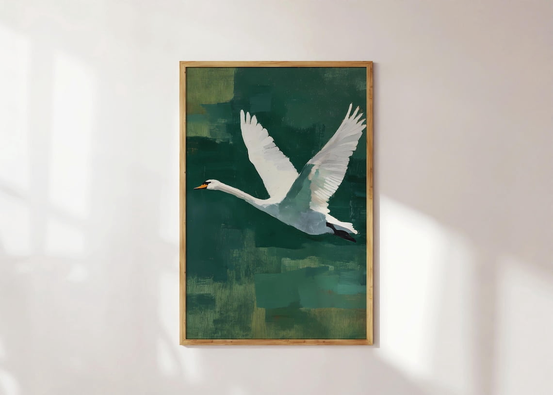 Flying Swan art Poster modern white illustration minimalist dark green ...