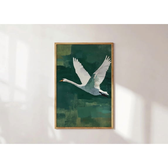 Flying Swan art Poster modern white illustration minimalist dark green ...