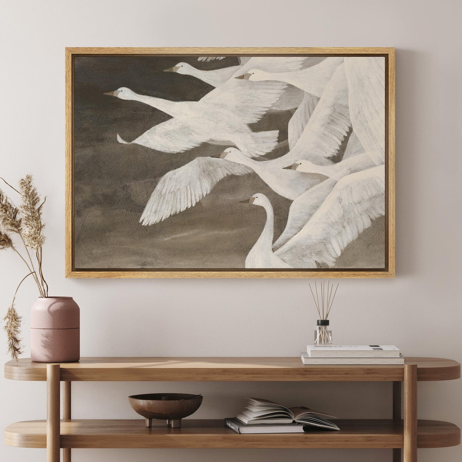 Flying Swans Print Minimalist Bird Painting Nordic Wildlife Elegant ...