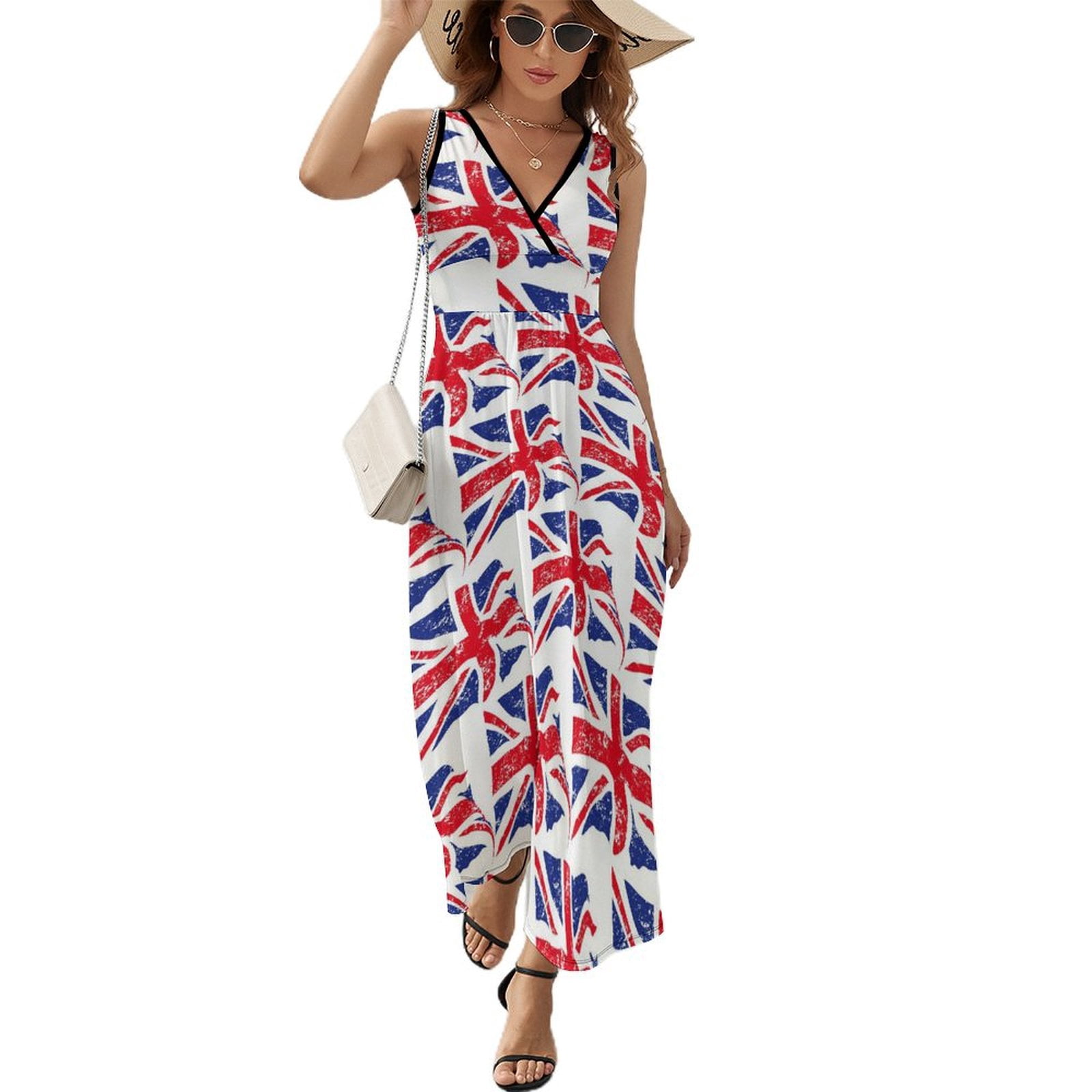 Flying UK British Flag Womens V-Neck Maxi Dresses Sleeveless Floral ...