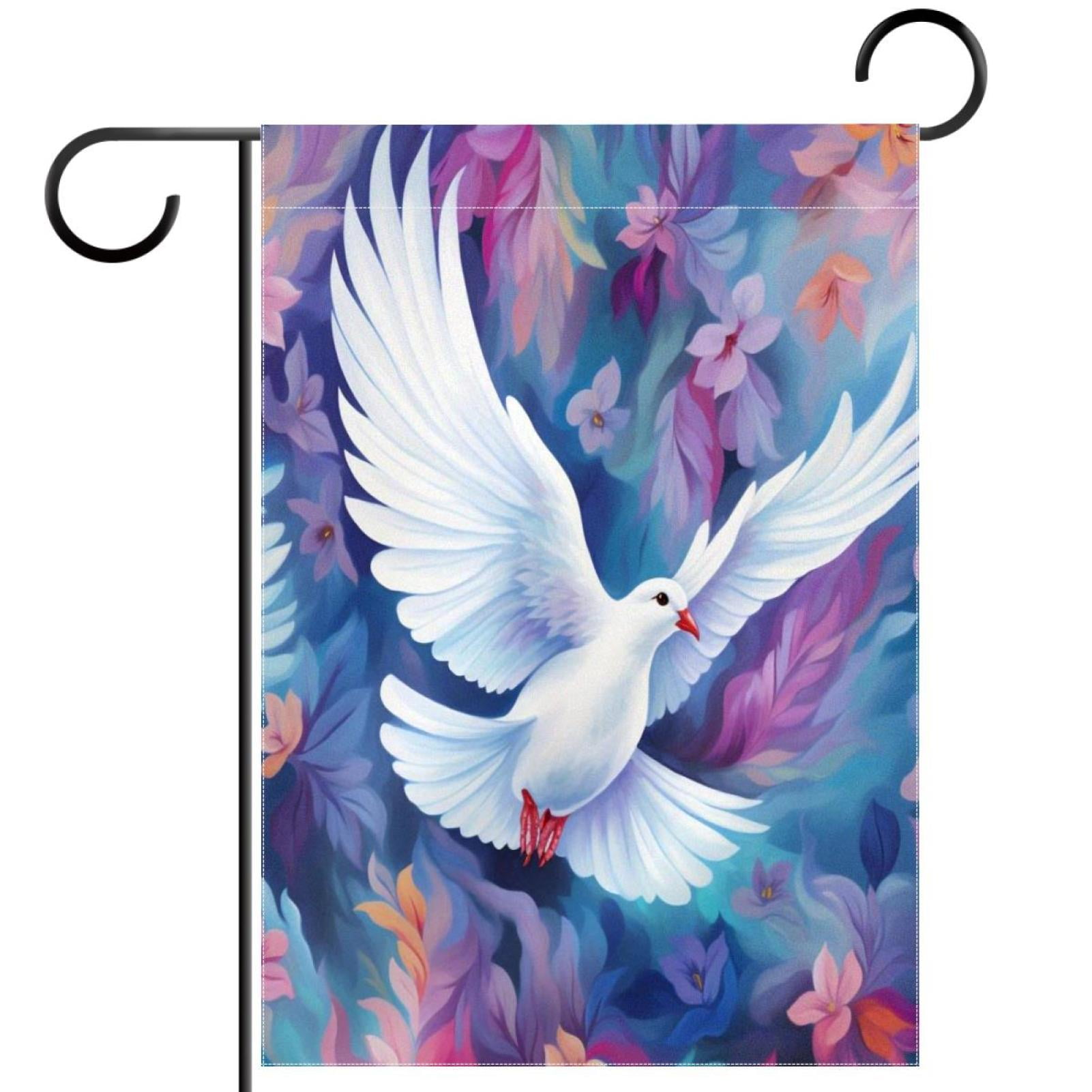 Flying White Pigeon and Flowers Print Art Polyester Garden Flag Banner ...