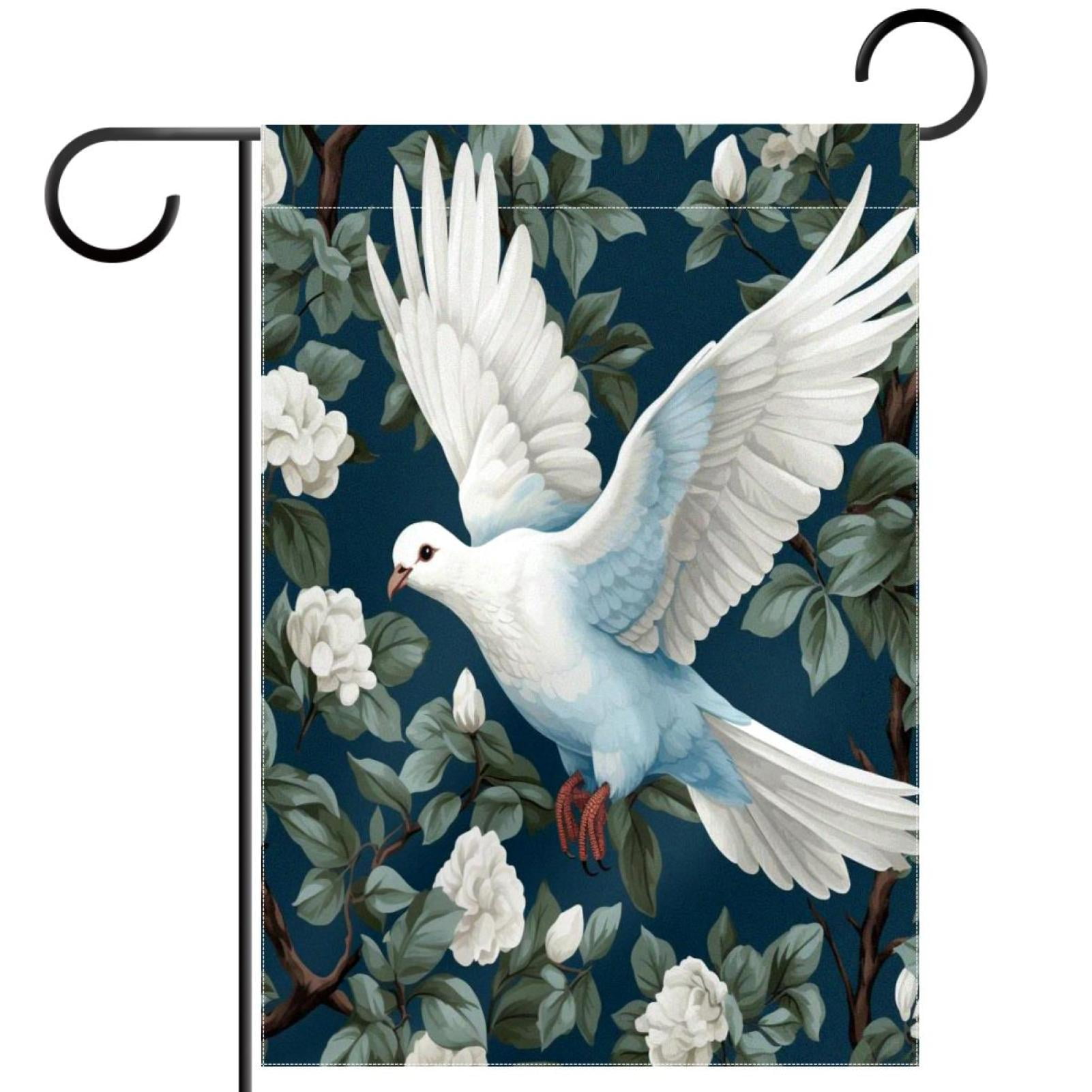 Flying White Pigeon and Flowers Print Art Polyester Garden Flag Banner ...