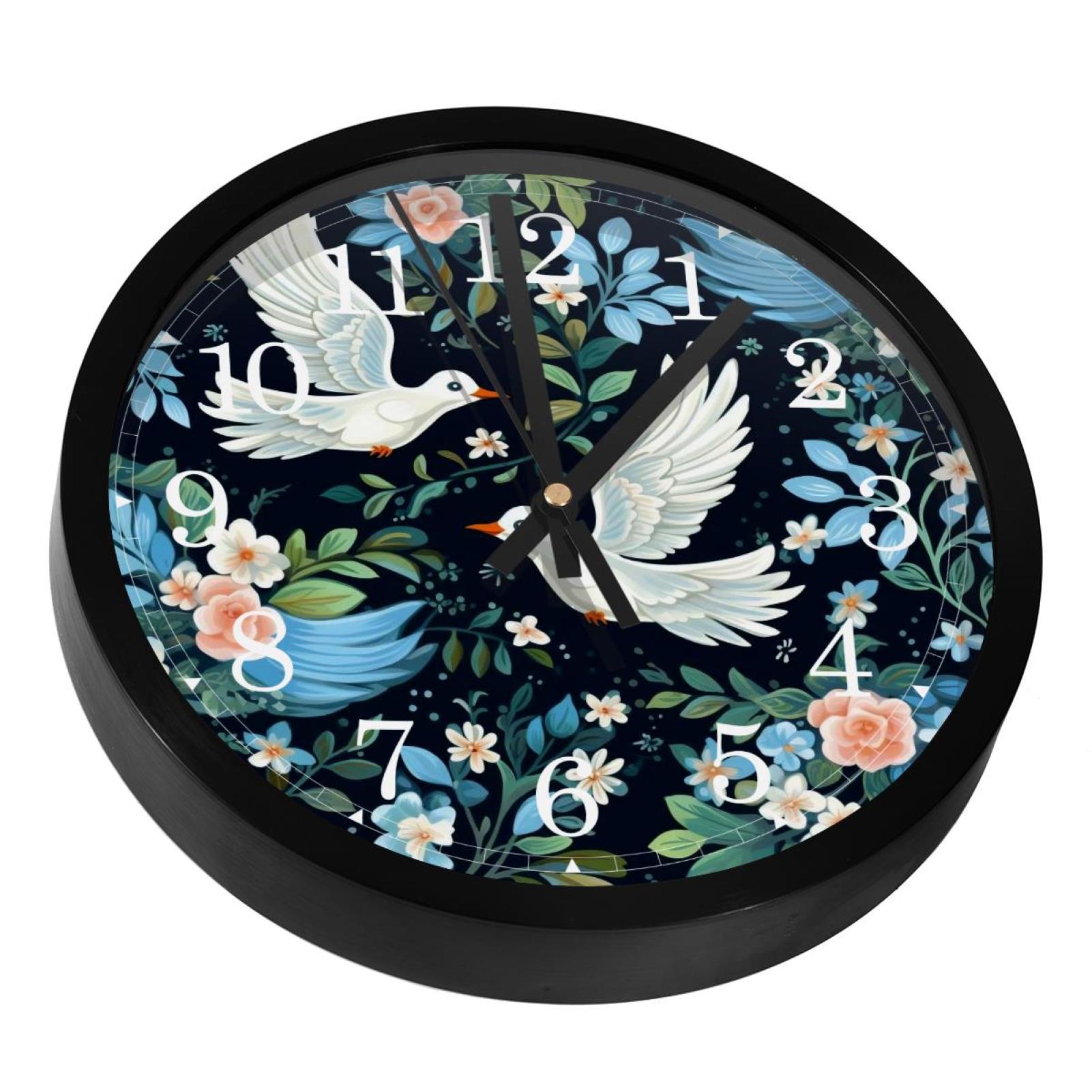 Flying White Pigeon and Flowers Silent Wall Clock, Non Ticking Battery ...