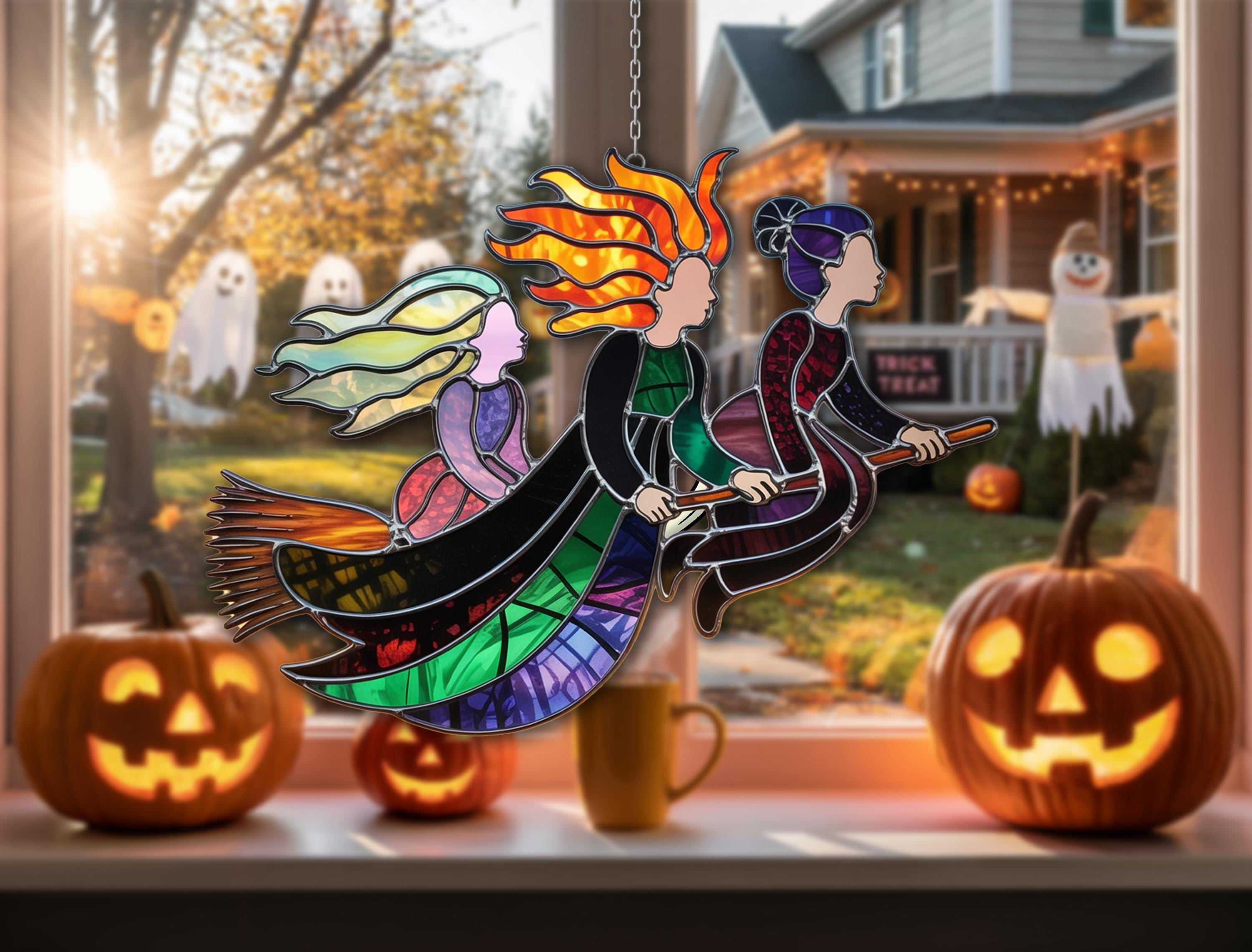 Flying Witch Sisters Wavy Acrylic Suncatcher â€“ Halloween Window Decor ...