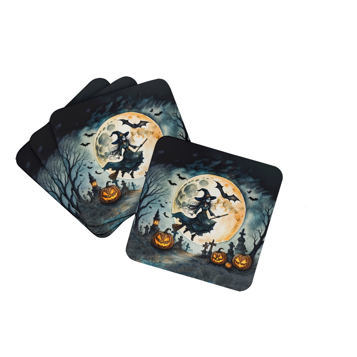 Flying Witch Spooky Halloween Foam Coaster Set of 4 3.5 in x 3.5 in ...
