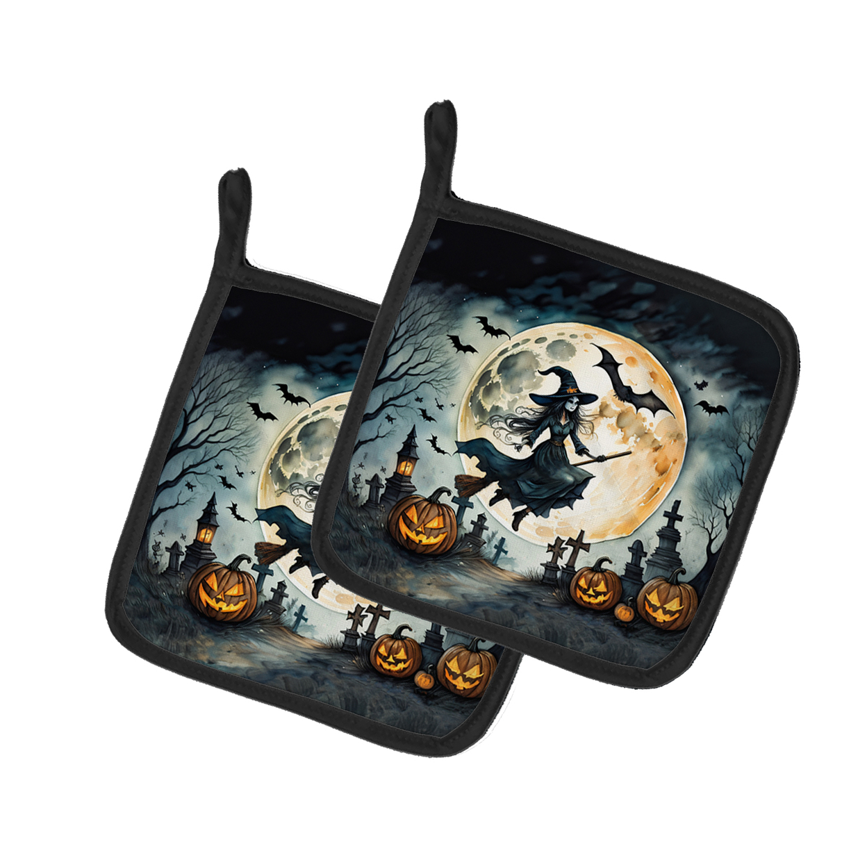 Flying Witch Spooky Halloween Pair of Pot Holders 7.5 in x 7.5 in ...