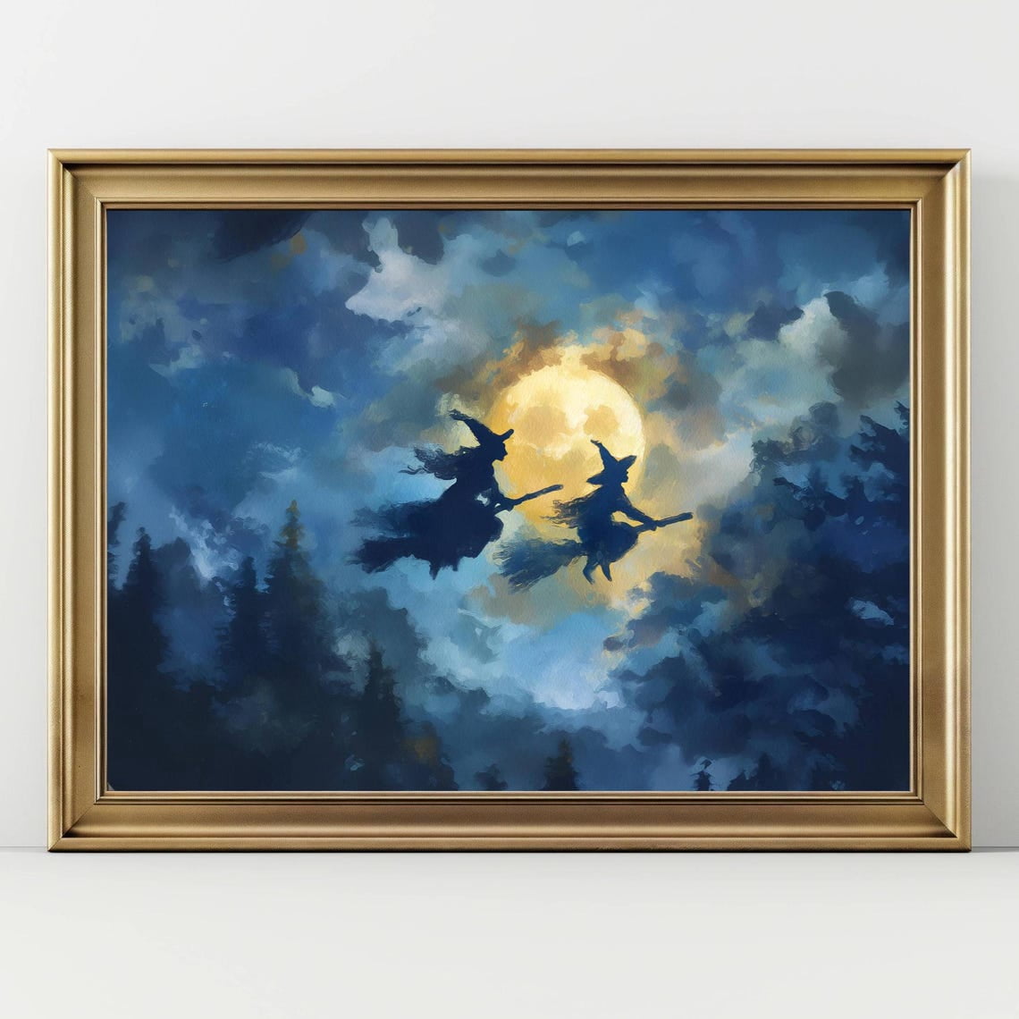 Flying Witches Under Full Moon Wall Art – Spooky Witch Painting, Dark ...
