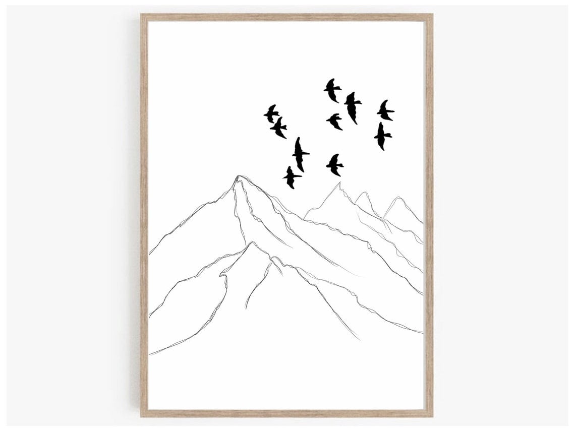 Flying birds Print, Mountain Wall Art, Flock of Birds Wall Art, Line ...