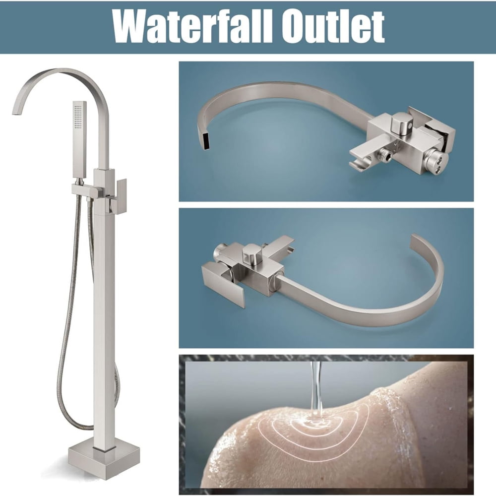 Flylapdo Adjustable Tub Faucet with Hand Shower, GPM Flows Rate & 360° Swivel Spout Floor-Mount ...