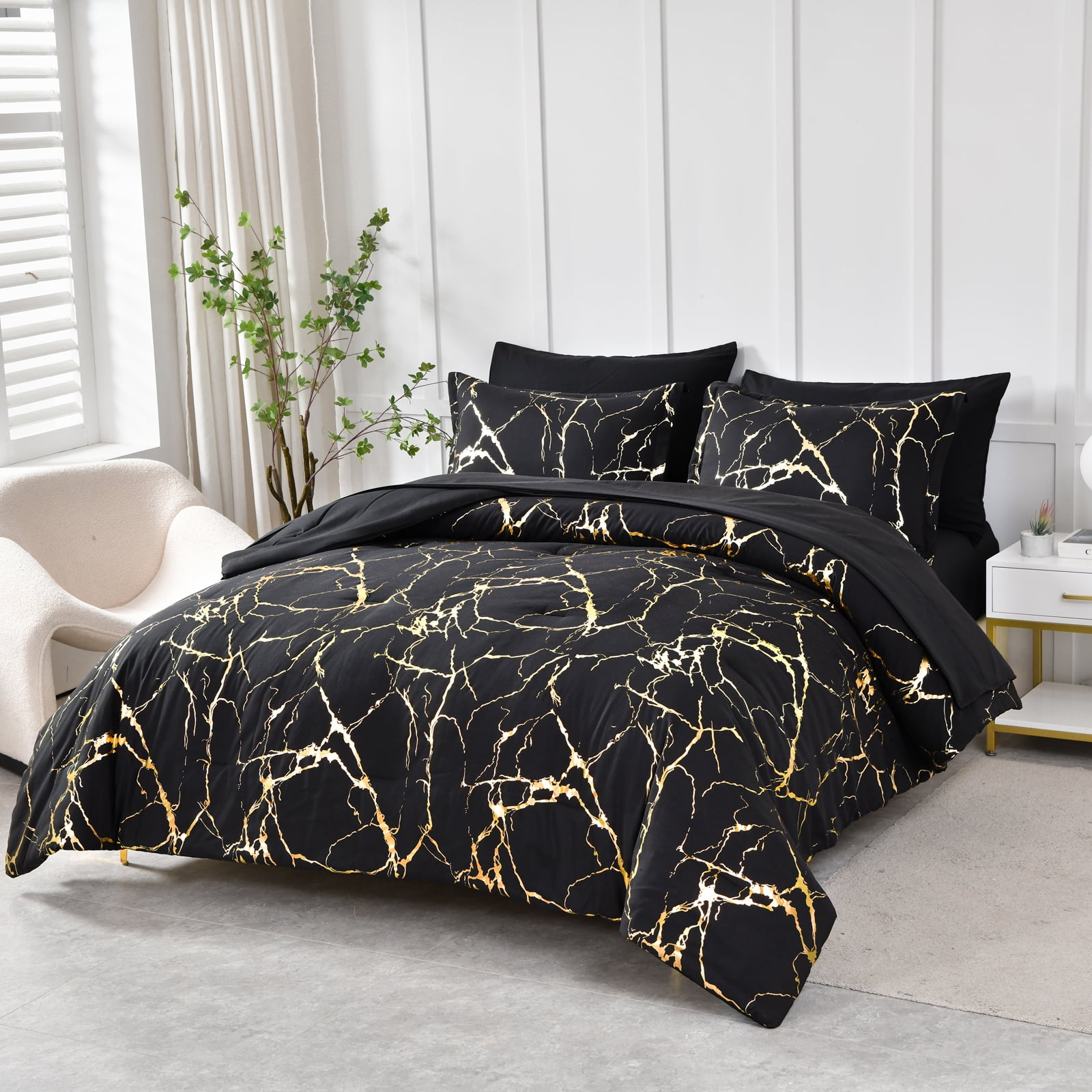 Flymme Black Marble Comforter Sets Queen Size Bed in a Bag 7 Pieces ...