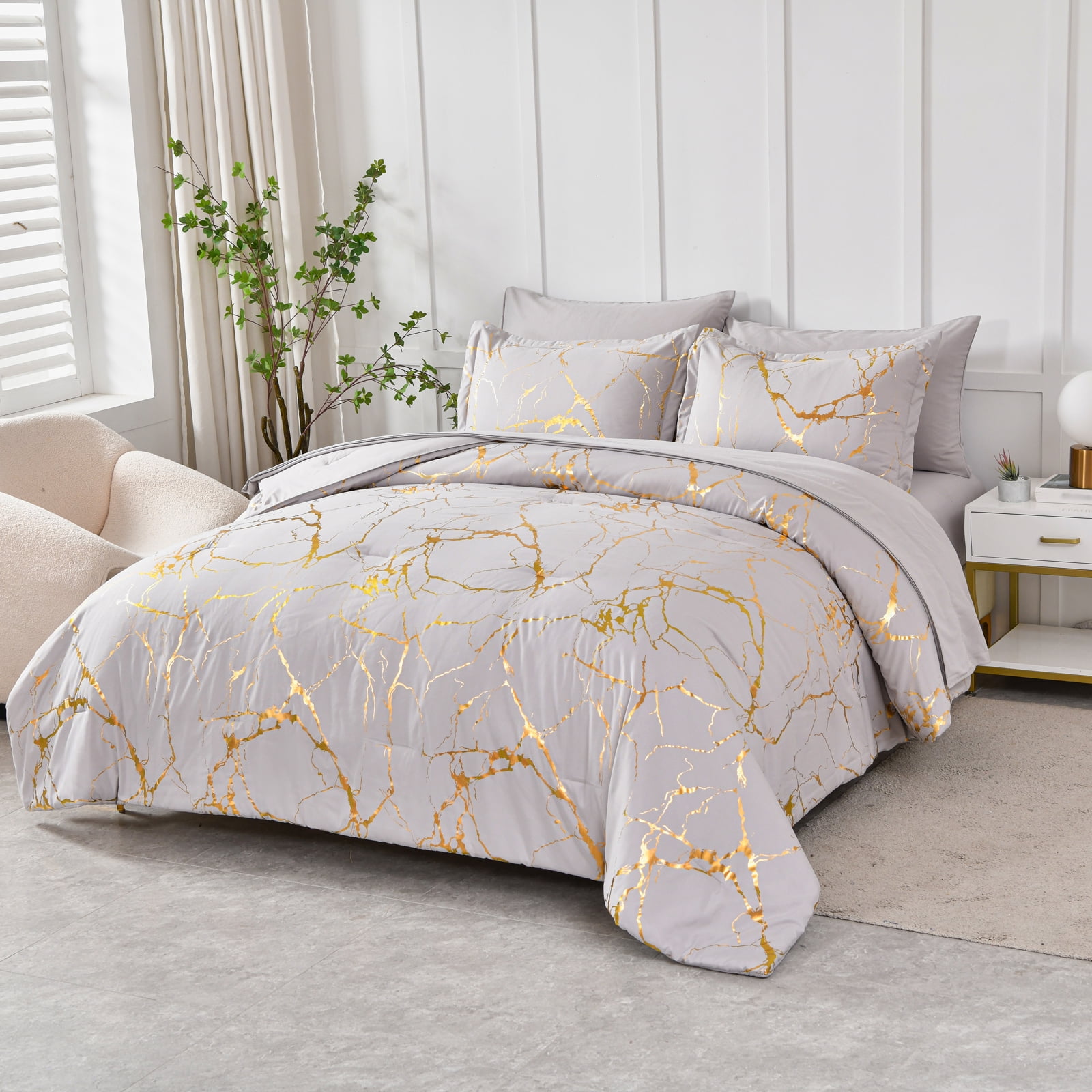 Flymme Grey Marble Comforter Sets Queen Size Bed in a Bag 7 Pieces ...