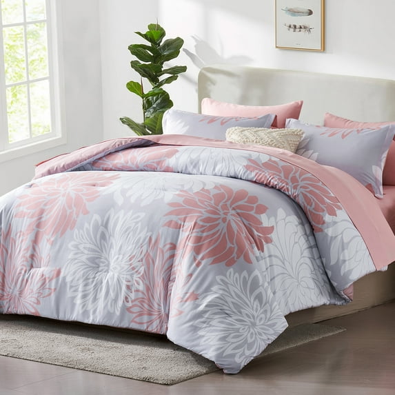 Flymme King Size Comforter Set,7 Piece Bed in a Bag King, Pink Floral ...