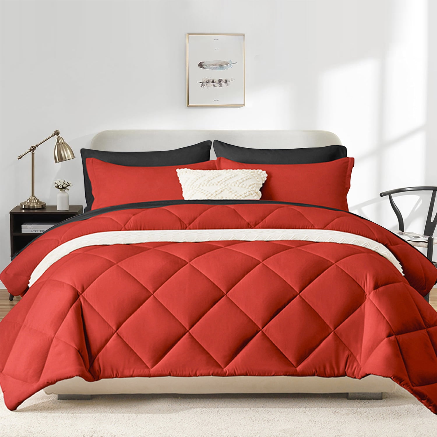 Flymme King Size Comforter Sets Red ,7 Pieces Bed in a Bag King Quilted ...