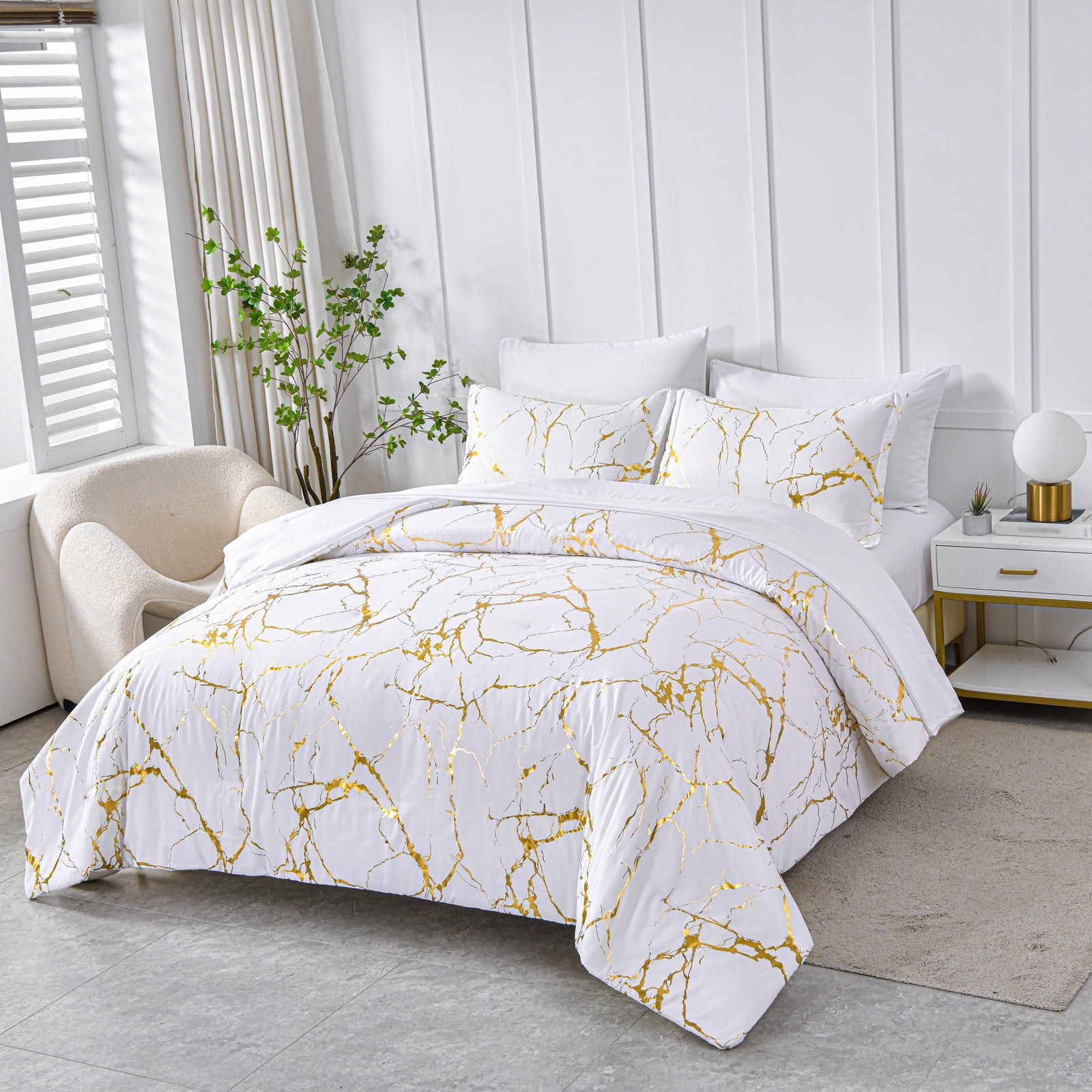 Flymme White Marble Comforter Sets King Size 7 Pieces Bed in a Bag for ...