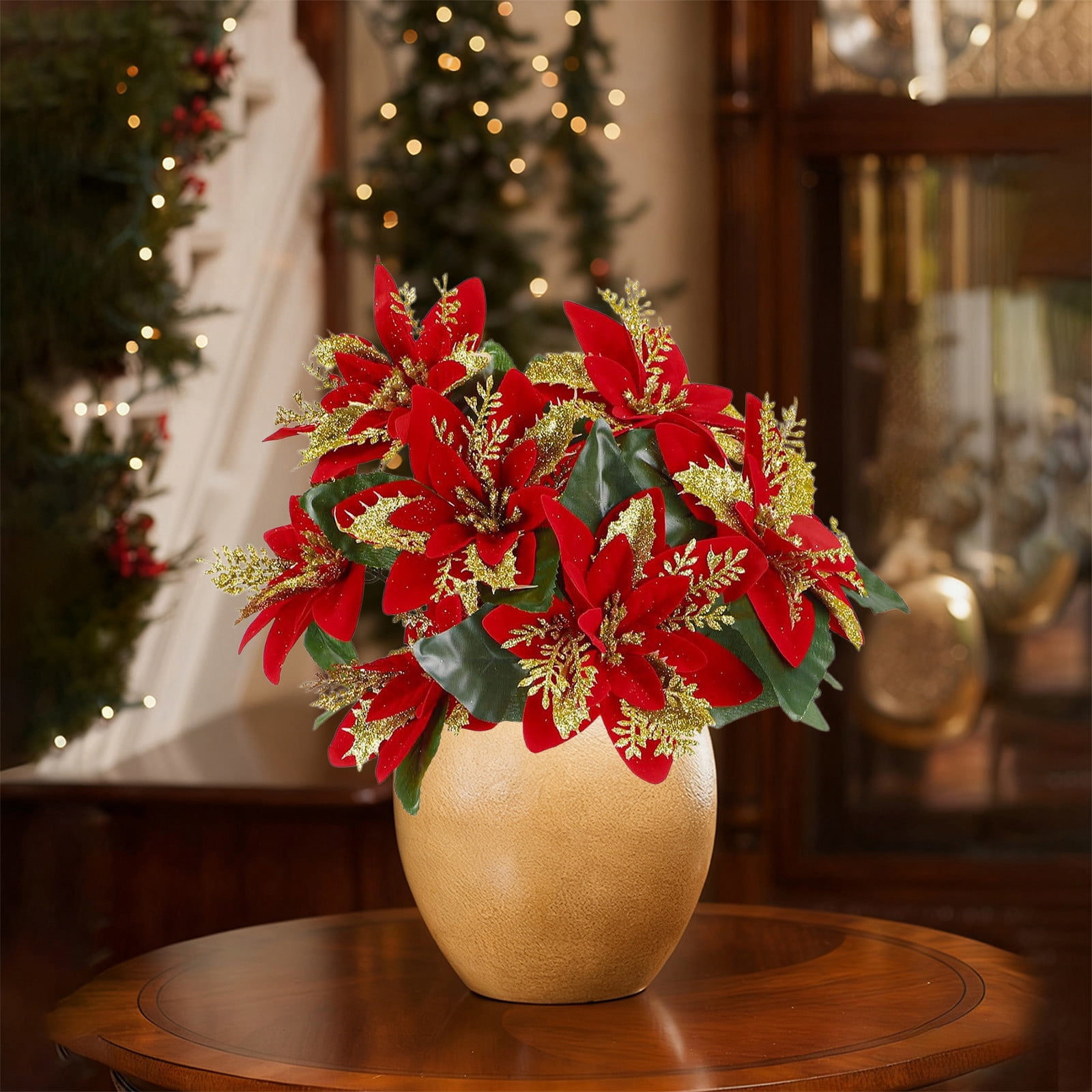 Fmbmuo 7 Head Glitter Christmas Flower Bouquet, Sparkling Simulation ...