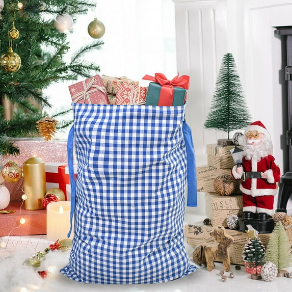 Fmbmuo Blue Gift Bags 1Pcs Plaid Jumbo Decorations Polyester Pastel Drawstring Christmas Bag for ...