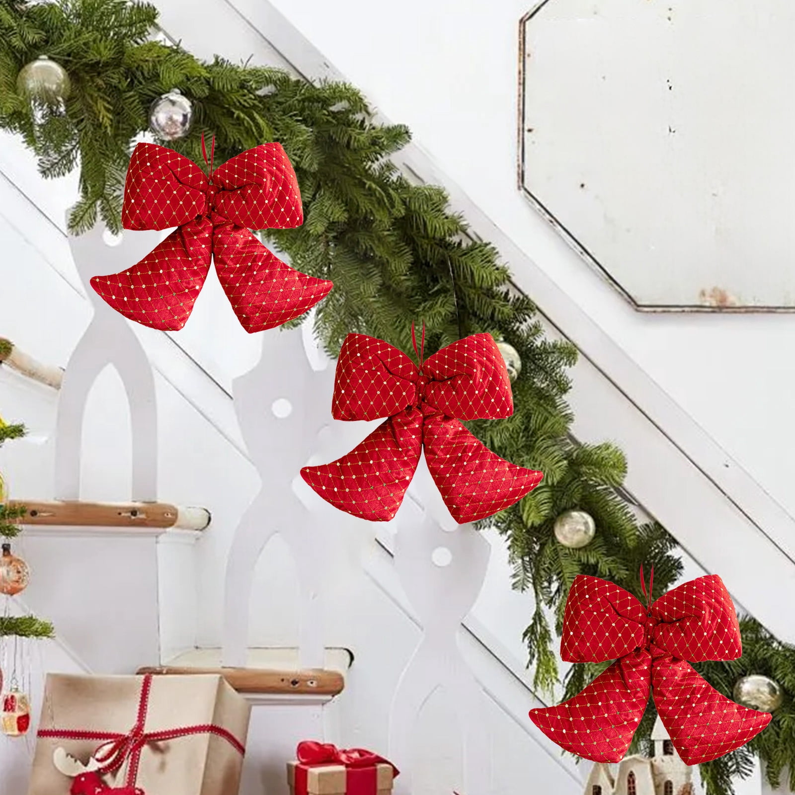 Fmbmuo Christmas Red Bow Hanging Decorations- Thickened Fabric Bows for ...