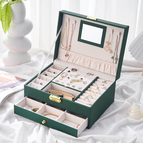 Fmbmuo Lockable Large Jewelry Box 2-Layer with Mirror Green Valentine's ...