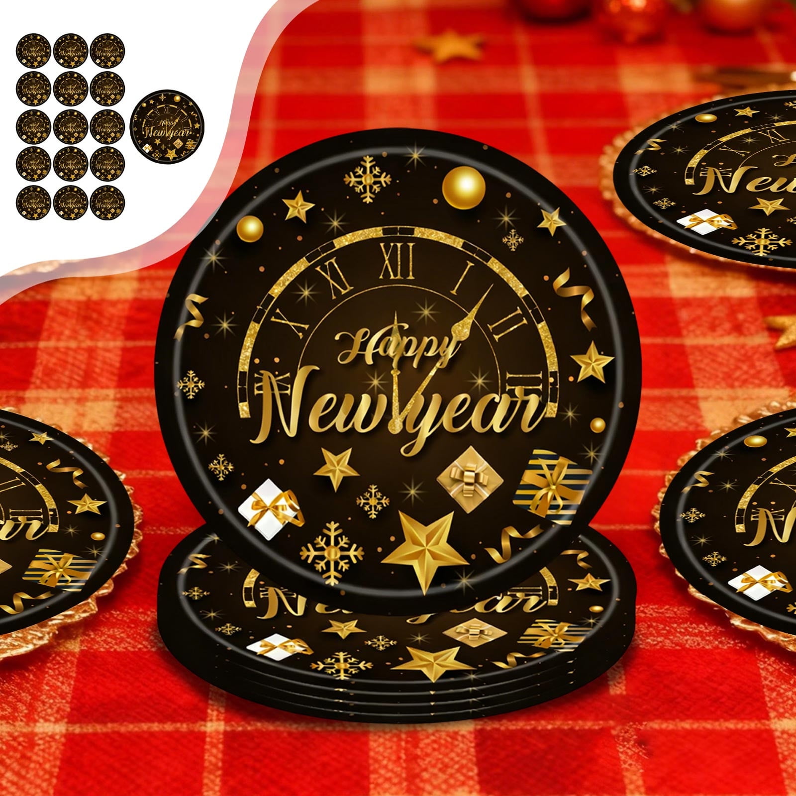 Fmbmuo New Year 16 Pcs Plates Paper Black Gold Print Party Decorations ...
