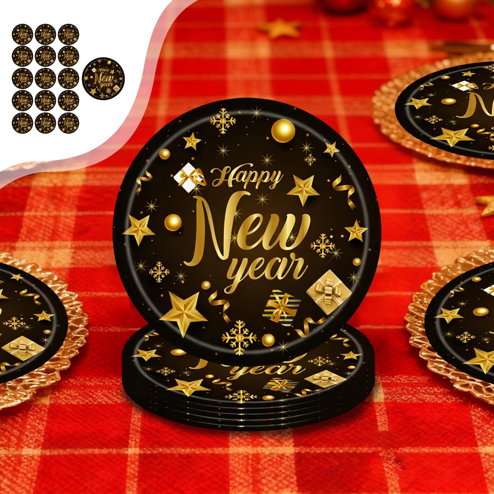 Fmbmuo Paper New Year Black Gold Print Plates 16 Pcs Party Decorations ...