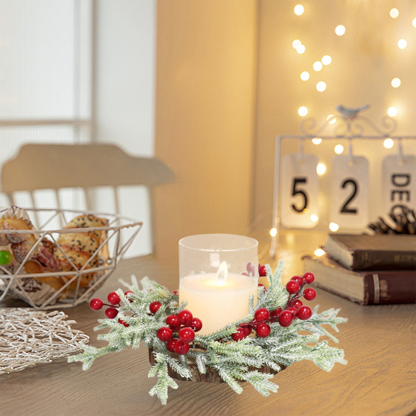 Fmbmuo Red Berry Candle Garland Ring - Artificial Cedarwood Garland for ...