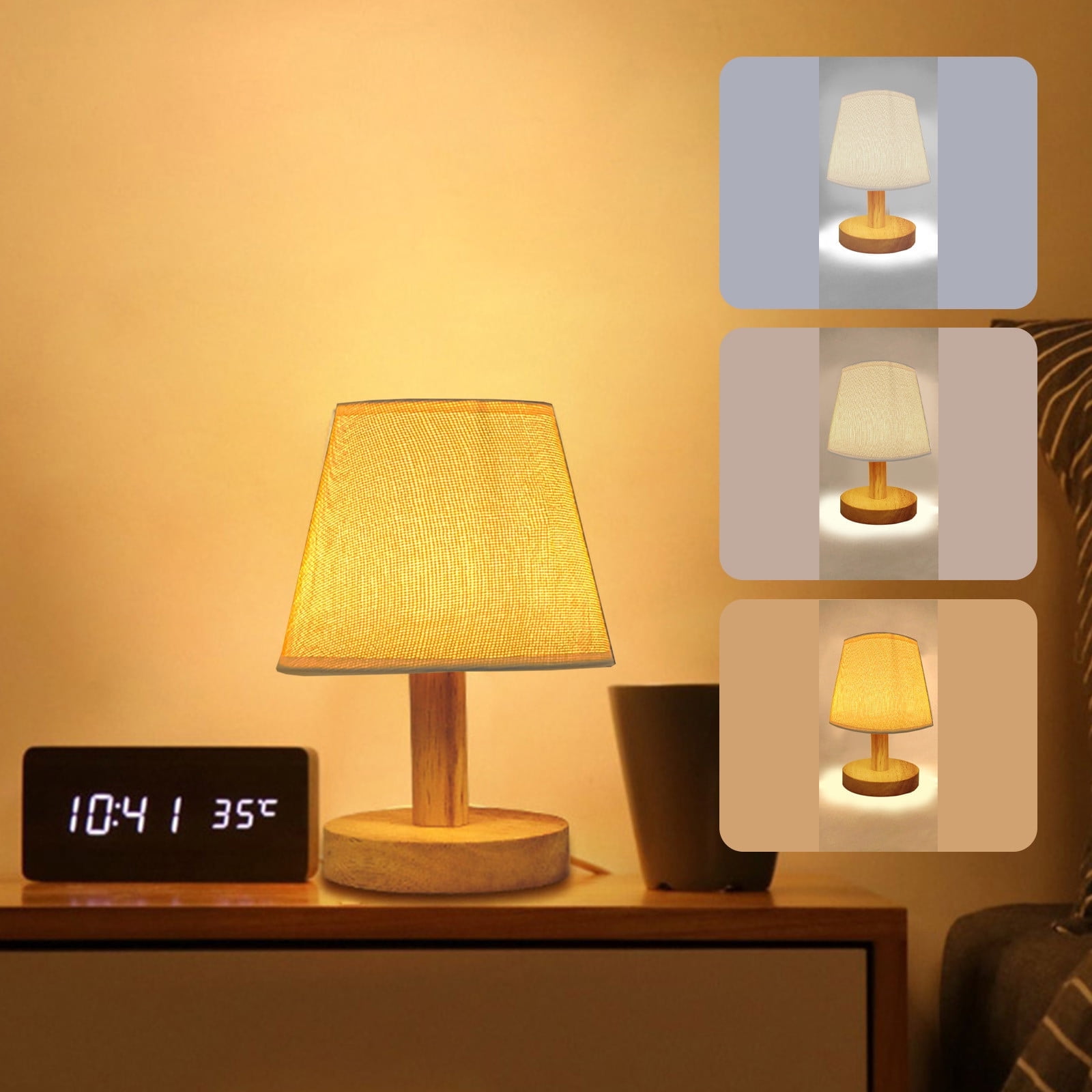 Fmbmuo Solid Wood LED Lamp, Jute Lampshade - 3-Level Adjustable ...