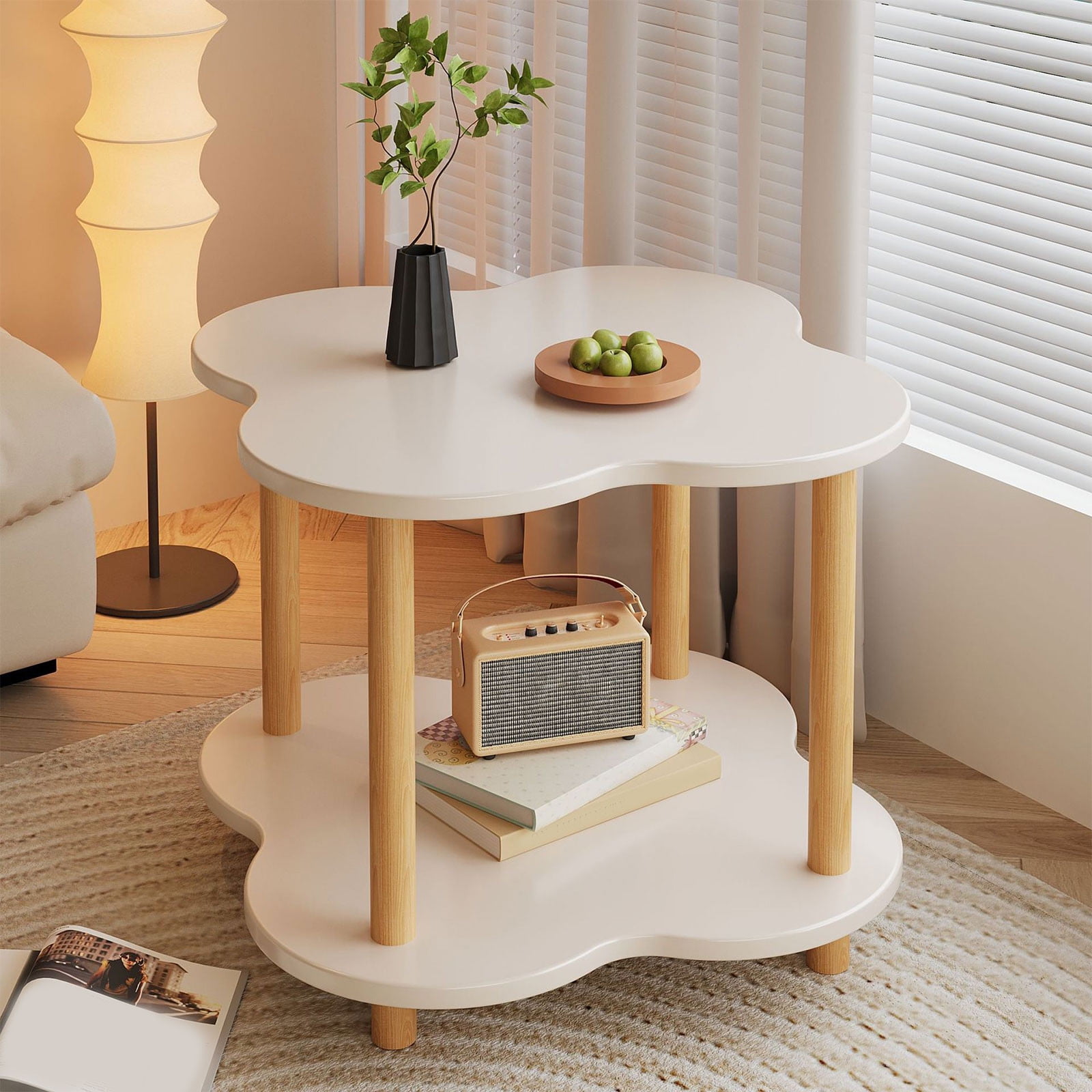 Fmbmuo White Wood Four-Leaf Clover Side Table - Unique Shape Storage Table for Living Room ...