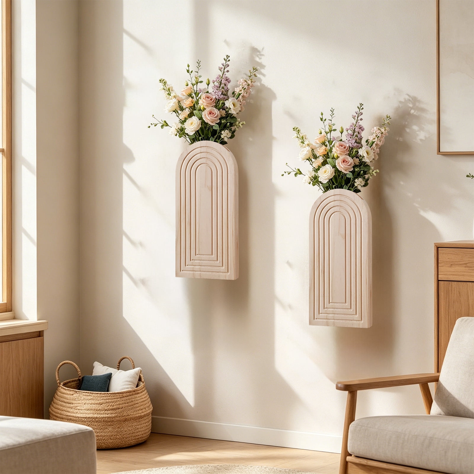 Fmbmuo Wooden Wall Vases With FakeFlowersWall Hanging Planters Boho ...