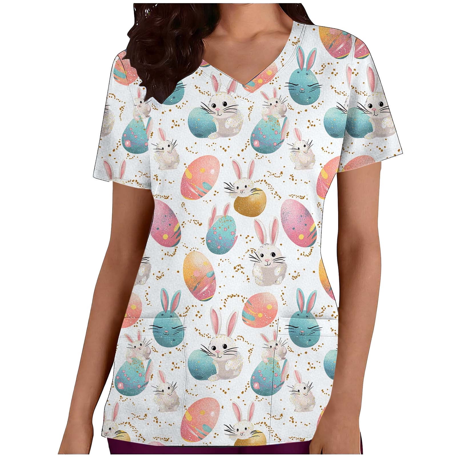Fmbrln Easter Scrubs Tops for Women Short Sleeve V Neck Cute Bunny Egg ...