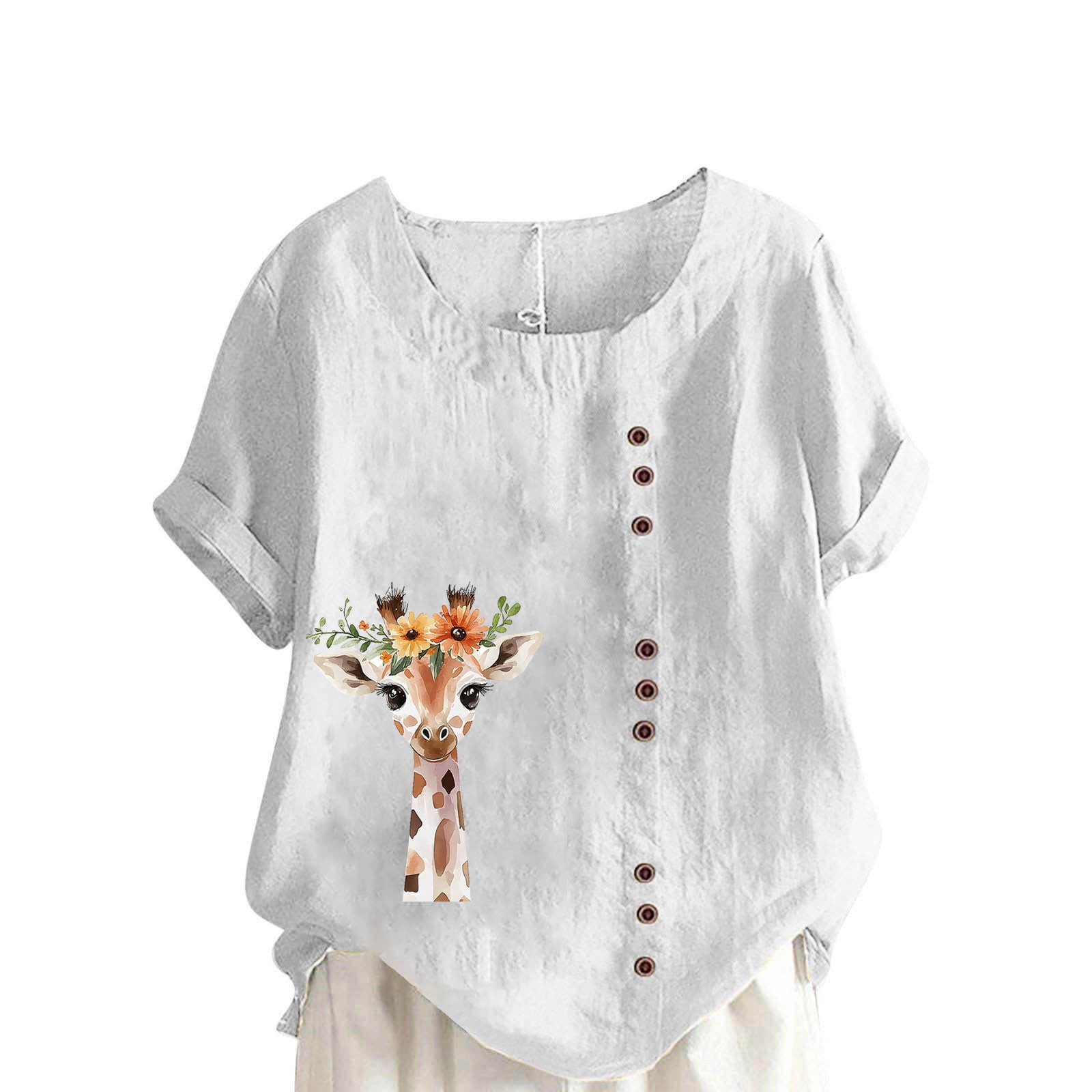 Fmbrln Linen Shirts for Women Plus Size Summer Short Sleeve Crew Neck ...