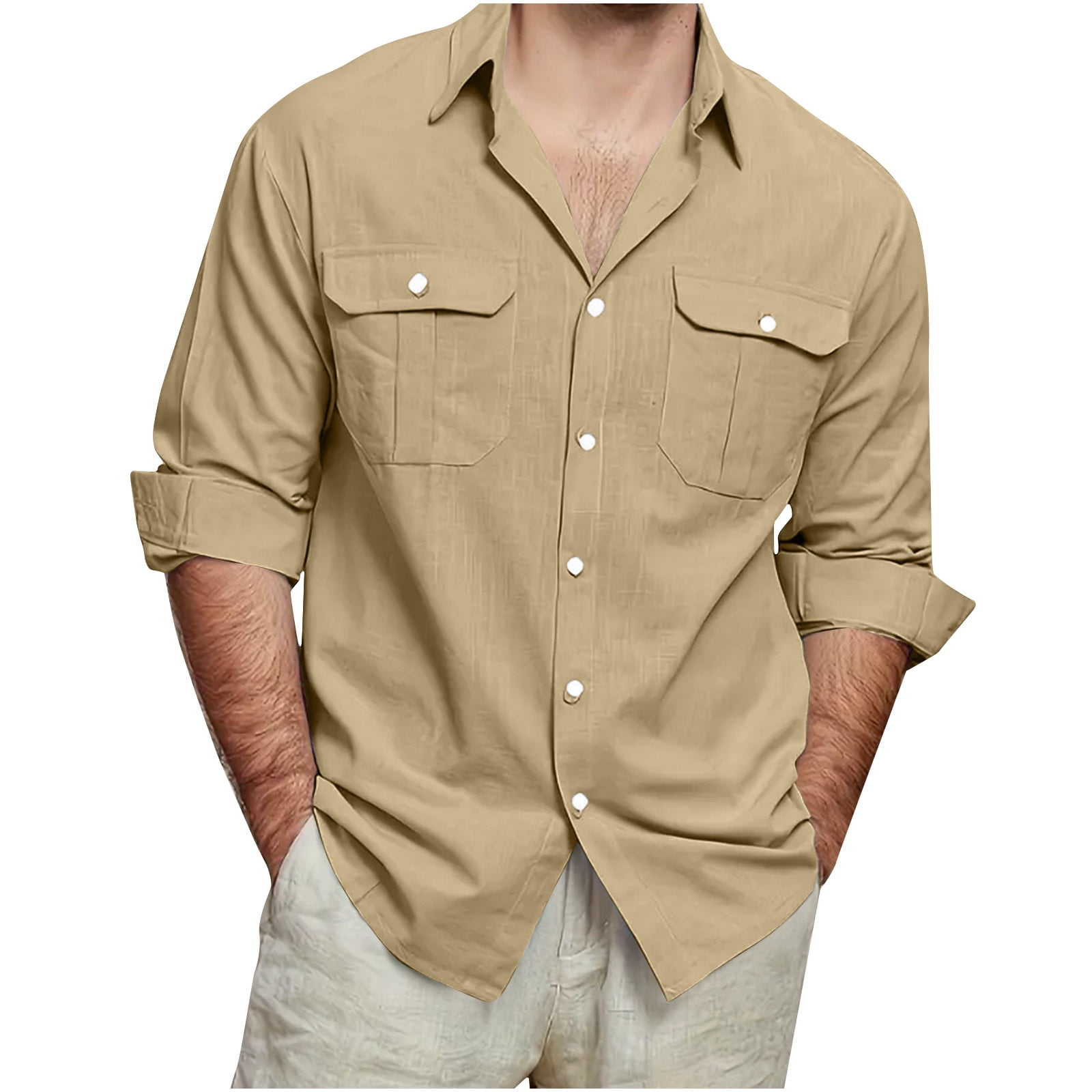Fmbrln Mens Cotton Linen Long Sleeve Shirts Summer Casual Button Shirts ...
