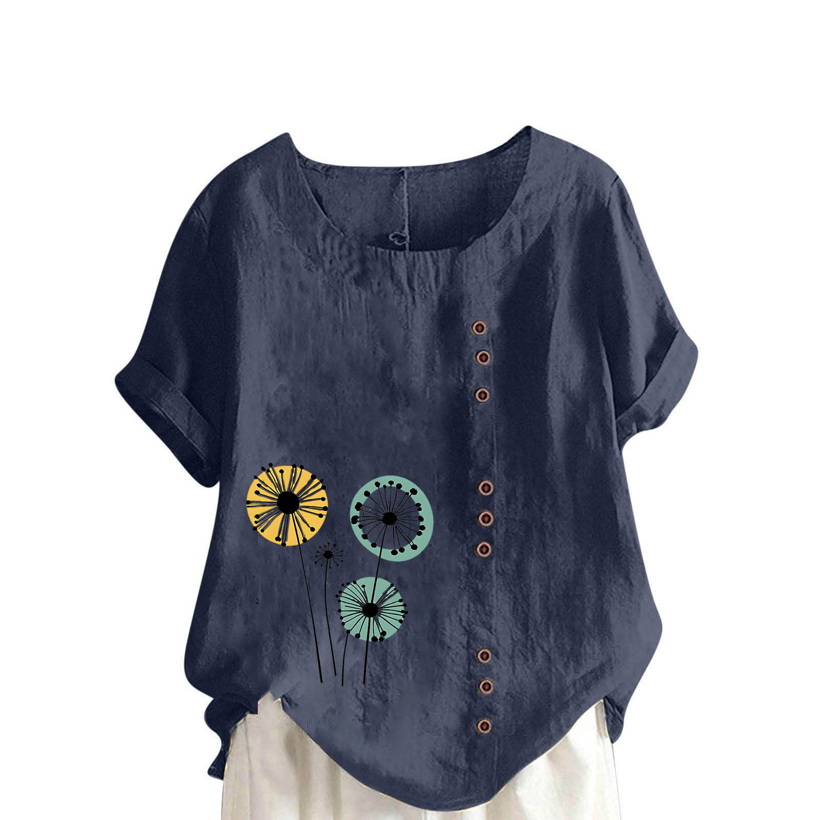 Fmbrln Shirts for Women Plus Size Summer Short Sleeve Crew Neck Button ...