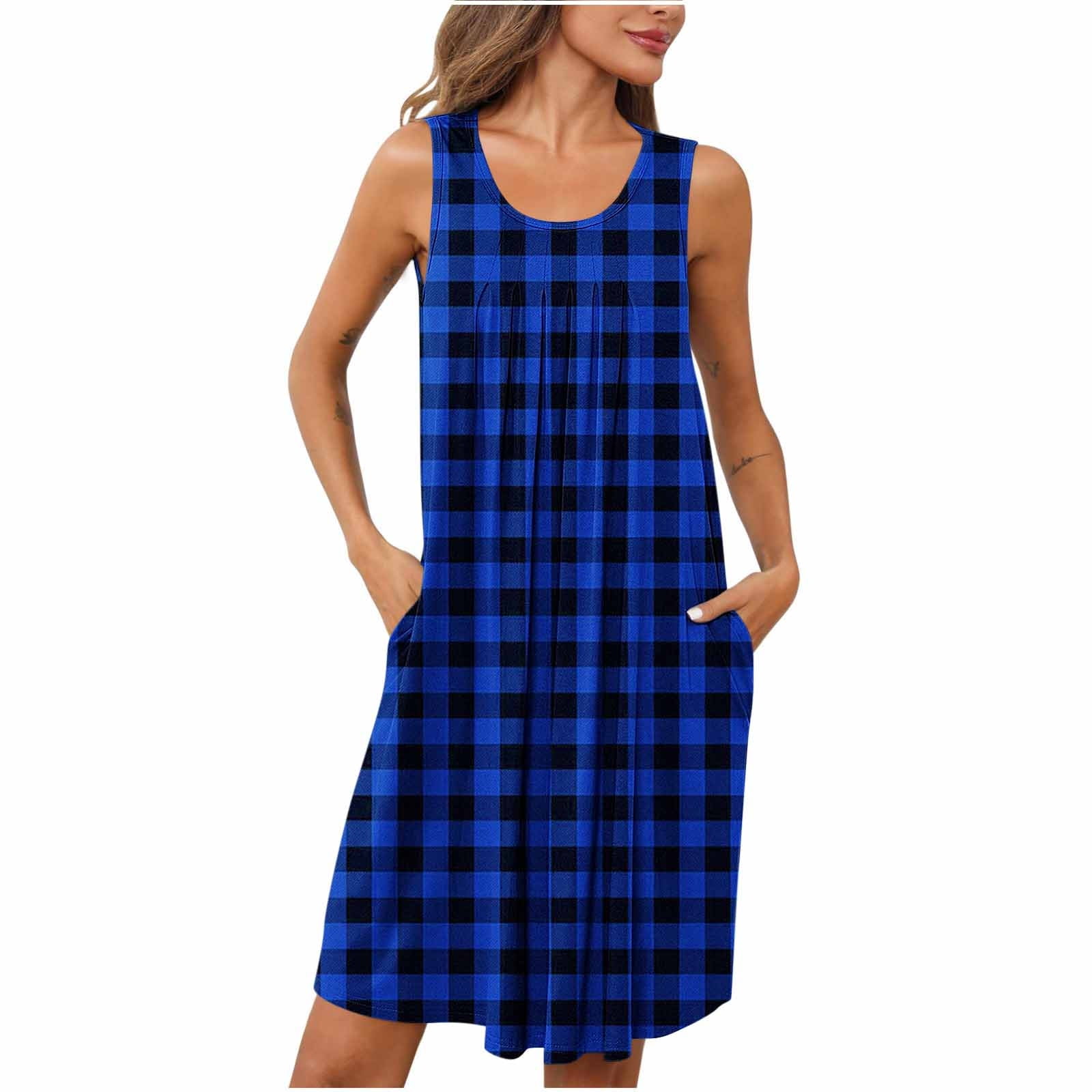 Fmbrln Summer Dress for Women Crew Neck Sleeveless Pleated Plaid Print ...
