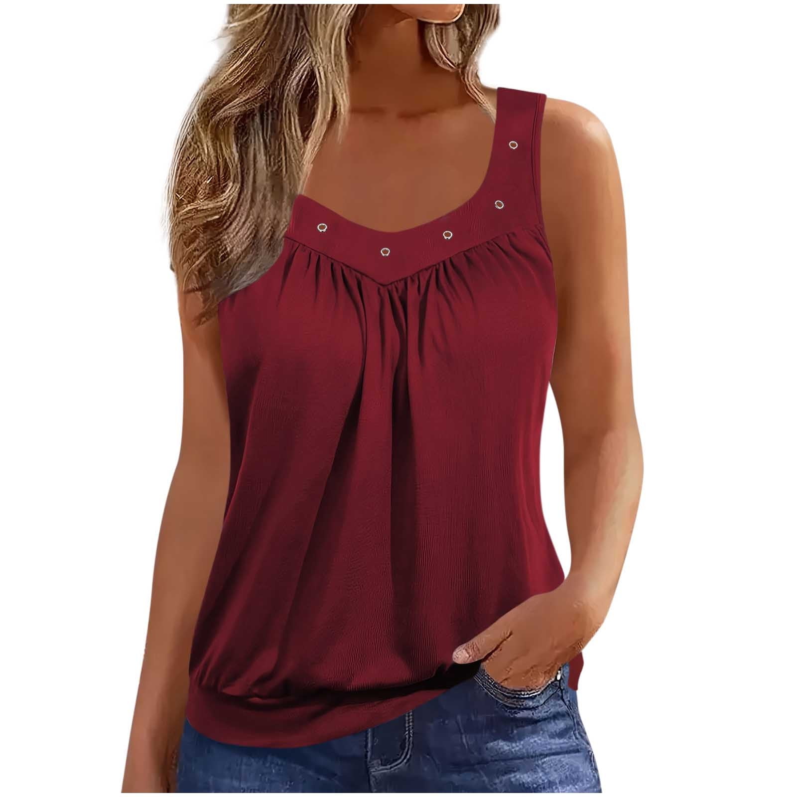 Fmbrln Tank Tops for Women Summer Sleeveless V Neck Front Pleated Solid ...