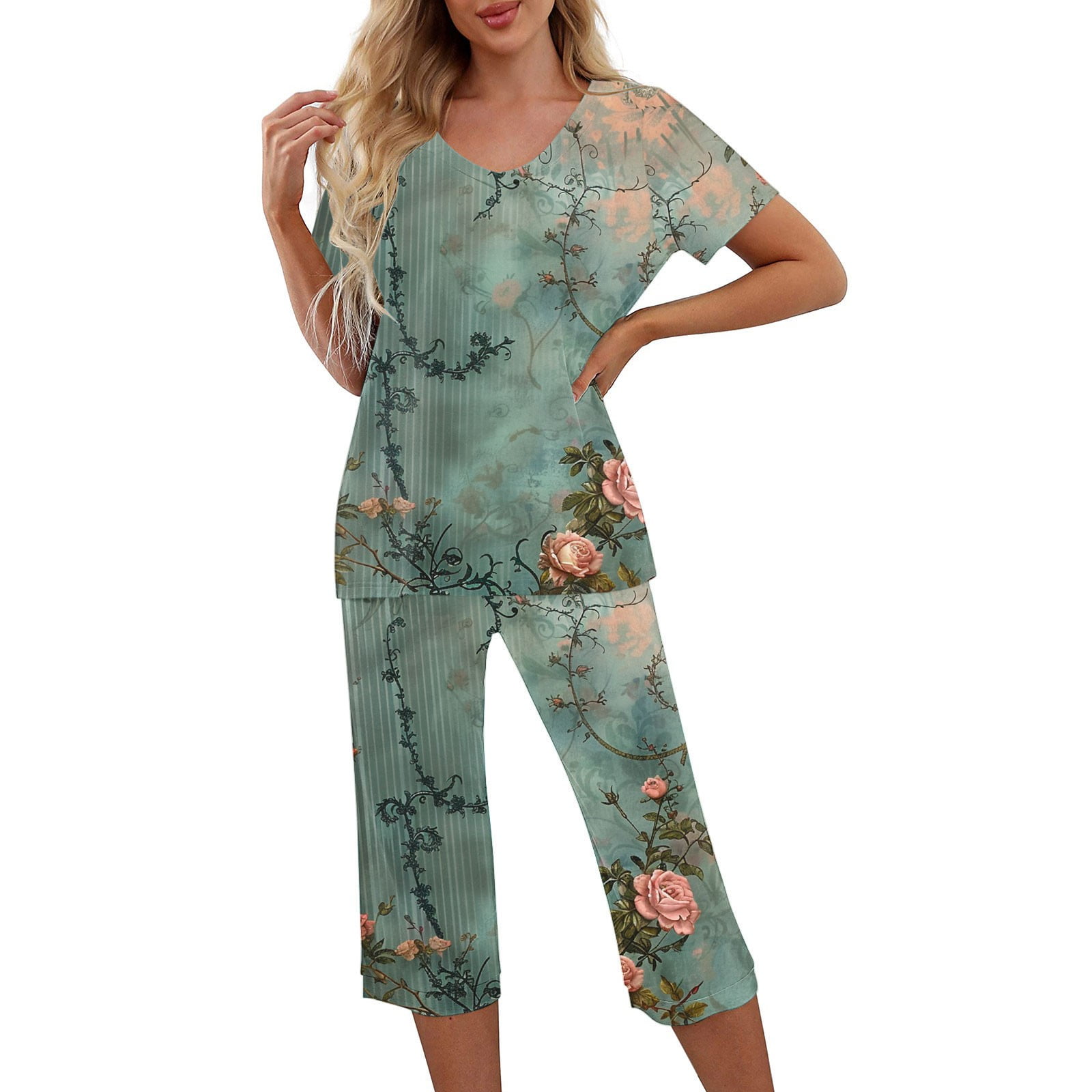 Fmbrln Womens 2 Piece Pajama Sets Summer Casual Floral Print V Neck ...