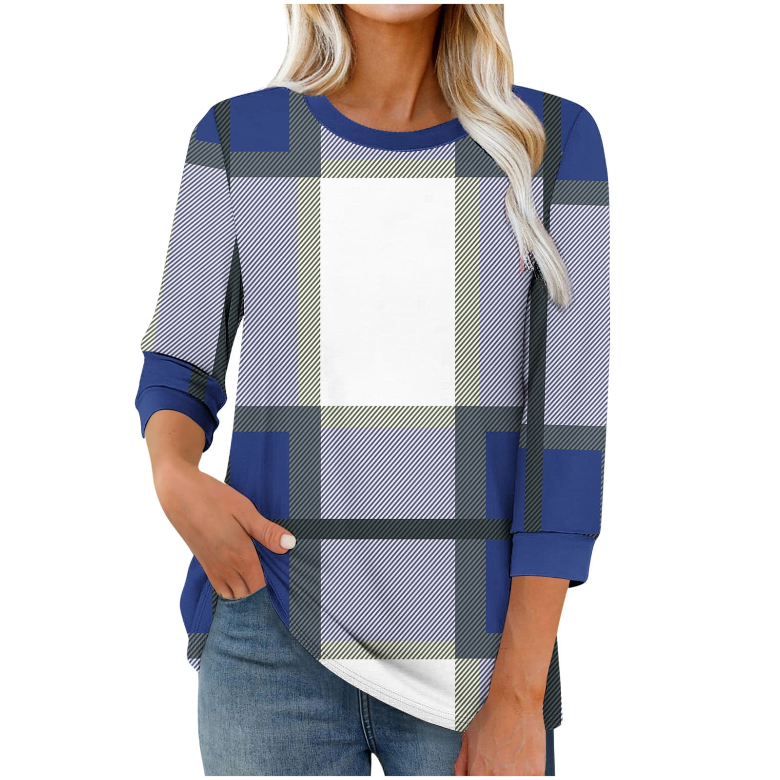 Fmbrln Womens 3/4 Sleeve Tops Fashion Crew Neck Color Block Tops ...