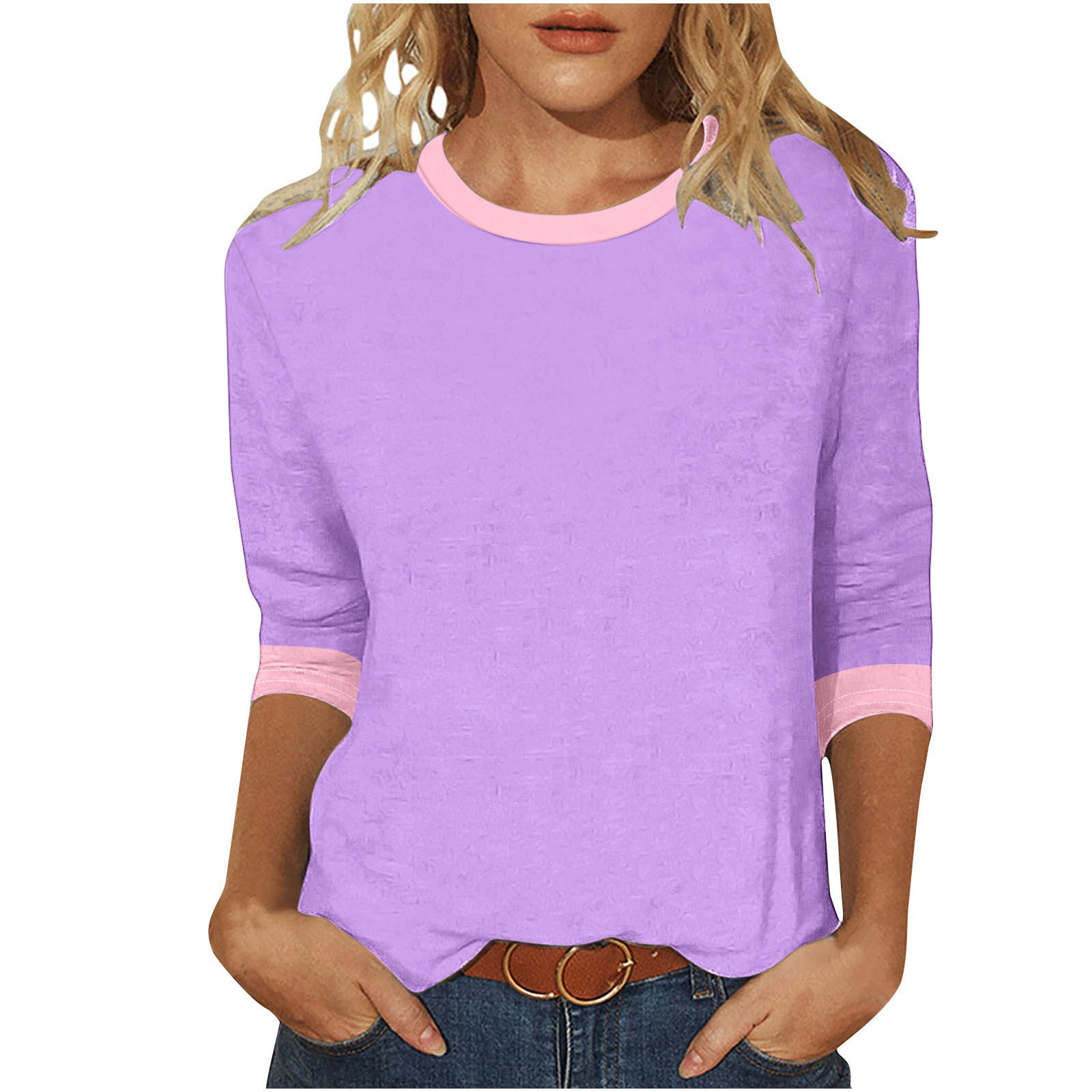 Fmbrln Womens 3/4 Sleeve Tops Fashion Crew Neck Color Block Tops Office ...