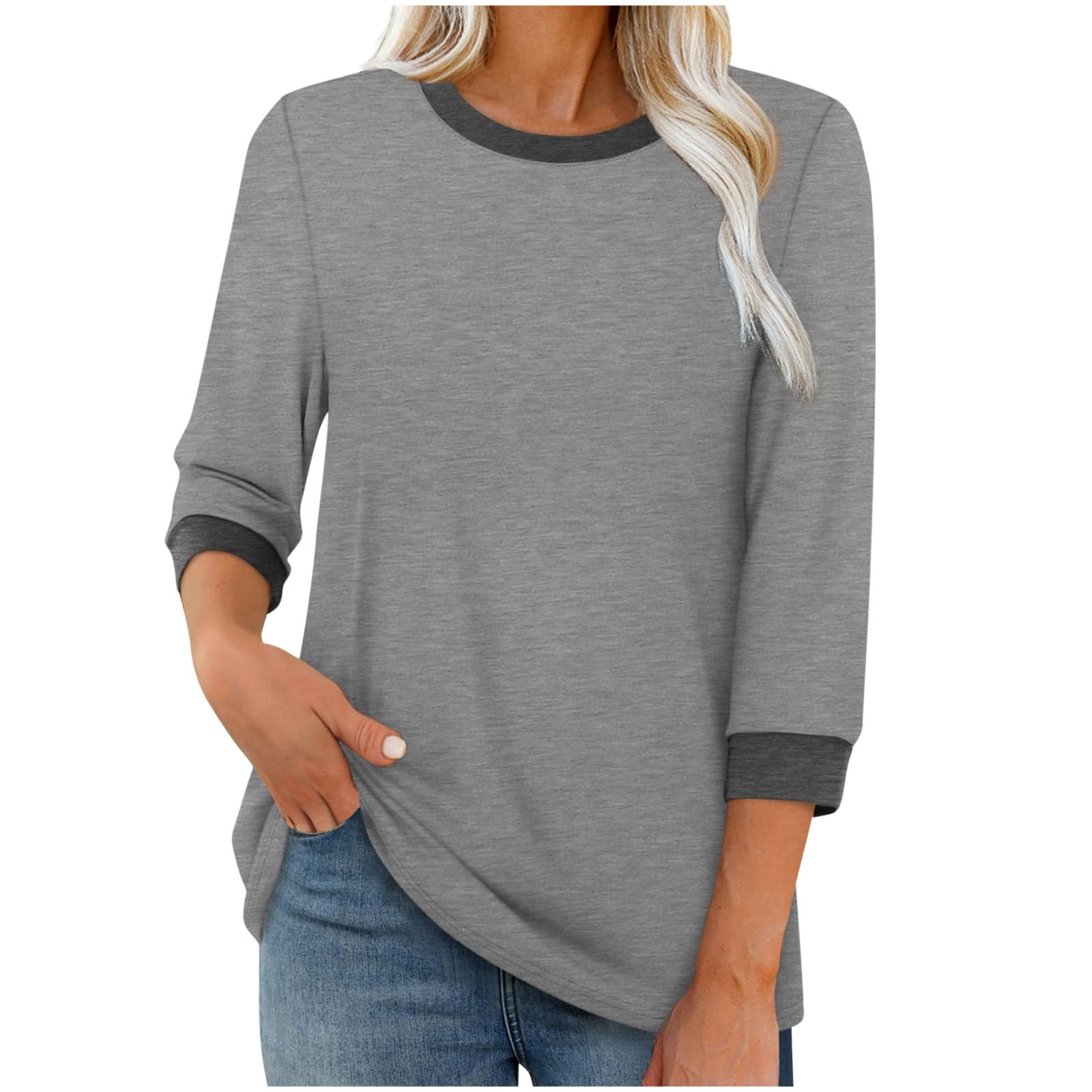 Fmbrln Womens 3/4 Sleeve Tops Fashion Crew Neck Color Block Tunic Tops ...