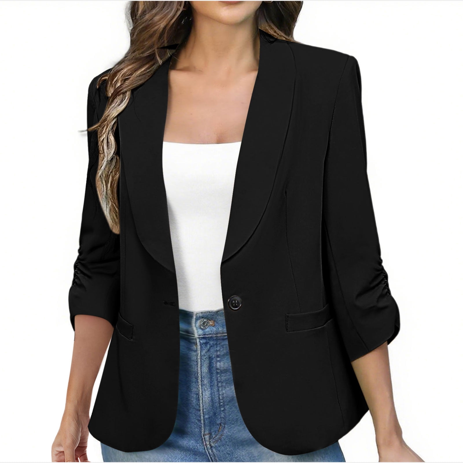 Fmbrln Womens Casual Dressy Blazers Coat 3/4 Sleeve Lapel Collar Open ...